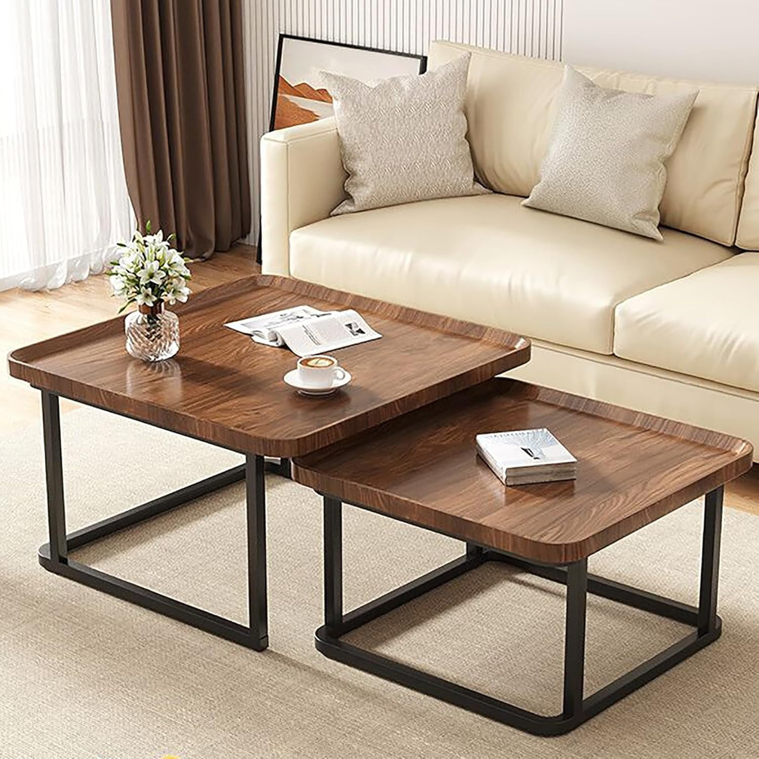 Nesting Coffee Table Set of 2, 23.6"+19.7" Square Stacking Side Table ...