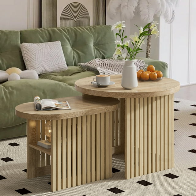 Nesting Coffee Table Set of 2, Fluted Round Side Table Wood End Tables ...