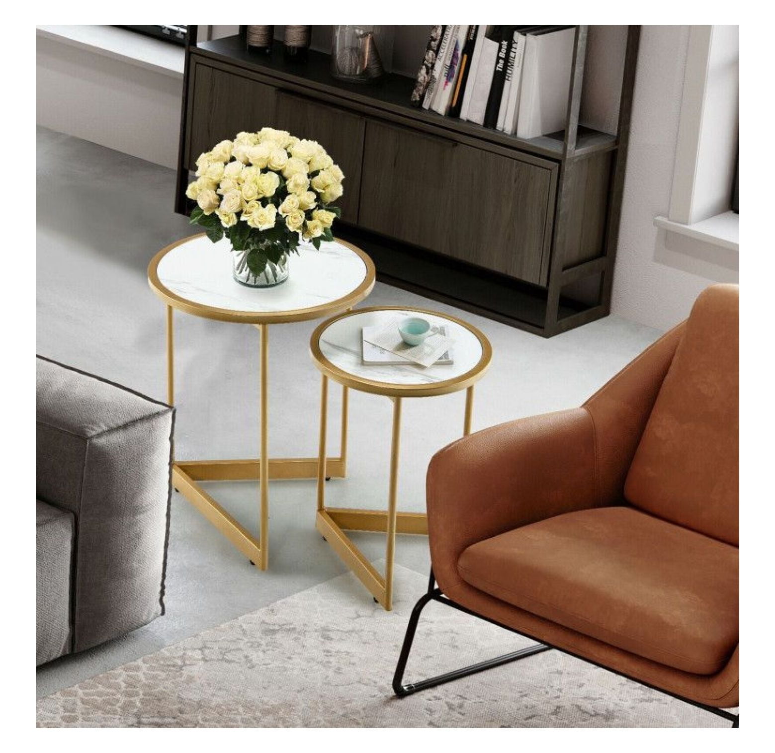 Nesting Coffee Table Set of 2, Marble Look Side Tables for Living Room ...