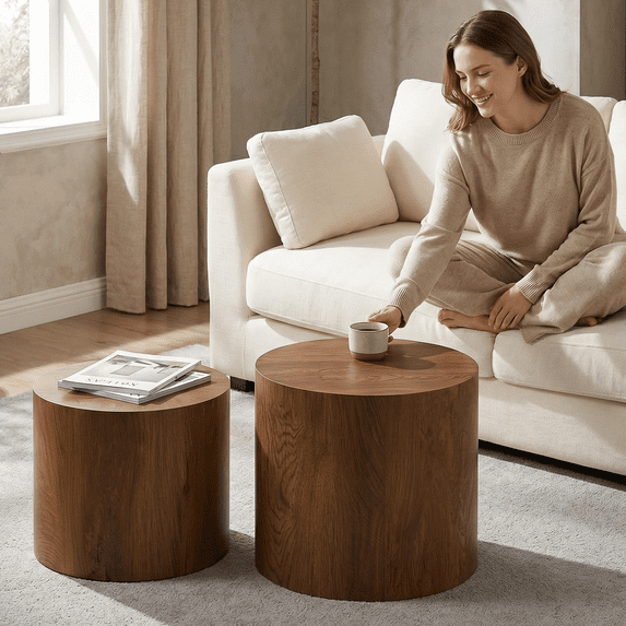 Nesting Coffee Table Set of 2, Modern Round Side Tables with Non-Slip ...