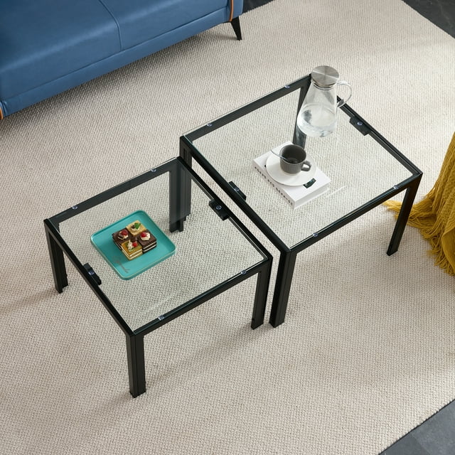 Nesting Coffee Table Set of 2, Square Stacking Table with Tempered ...