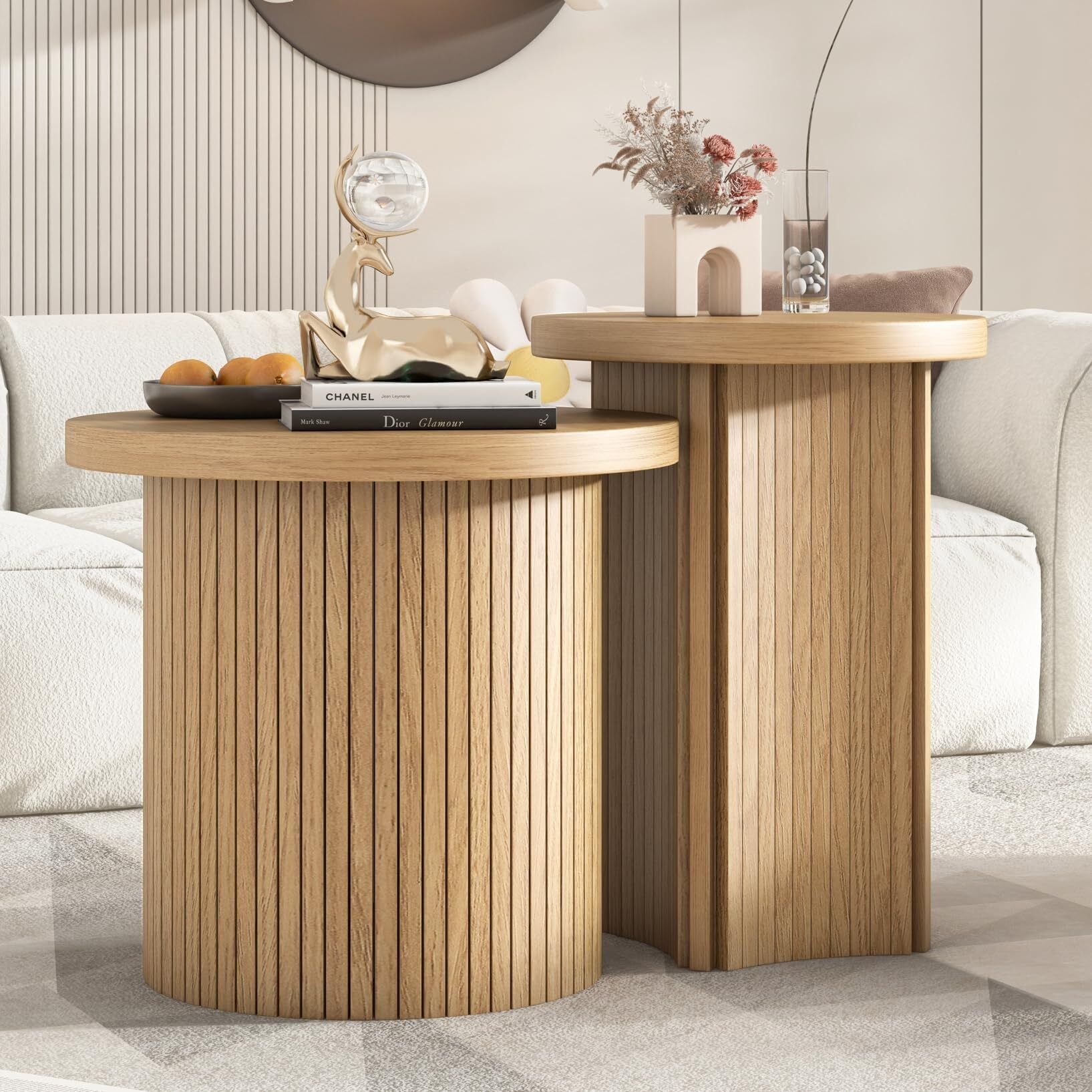 Nesting Coffee Table Set of 2, Wooden Round Coffee Table, Modern Circle ...