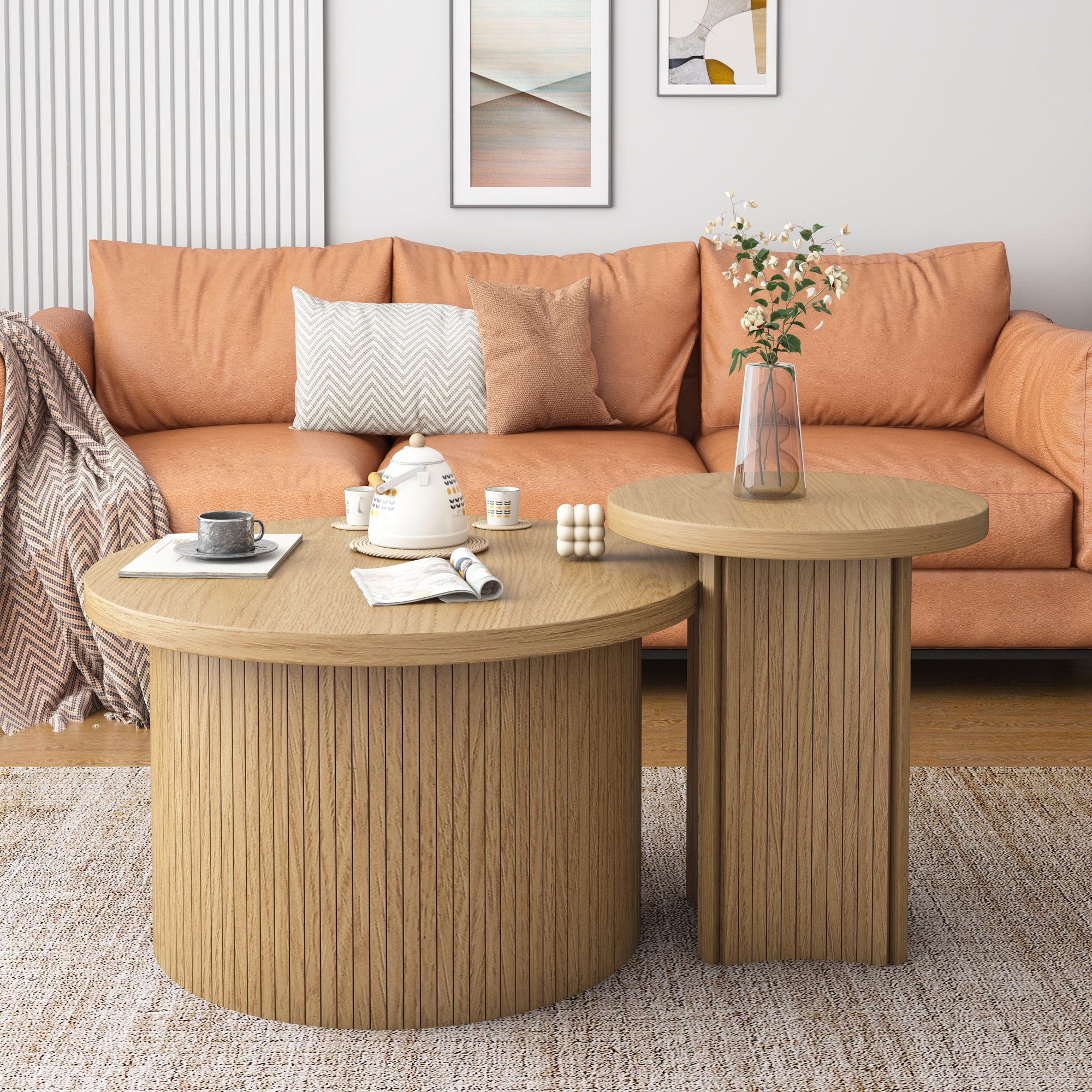 Nesting Coffee Table Set of 2, Wooden Round Coffee Table, Modern Circle ...