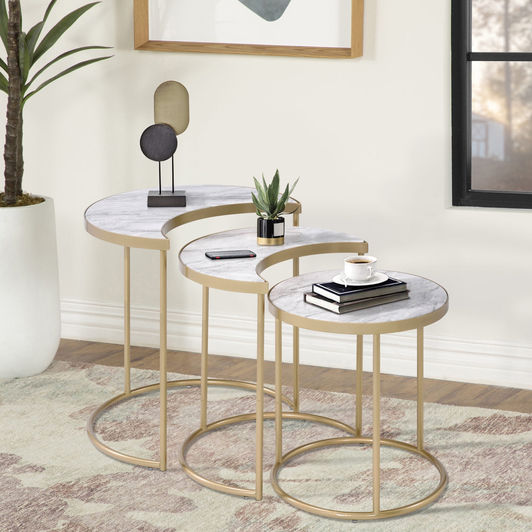 Nesting Coffee Table Set of 3, Crescent Side End Table, Small Accent ...