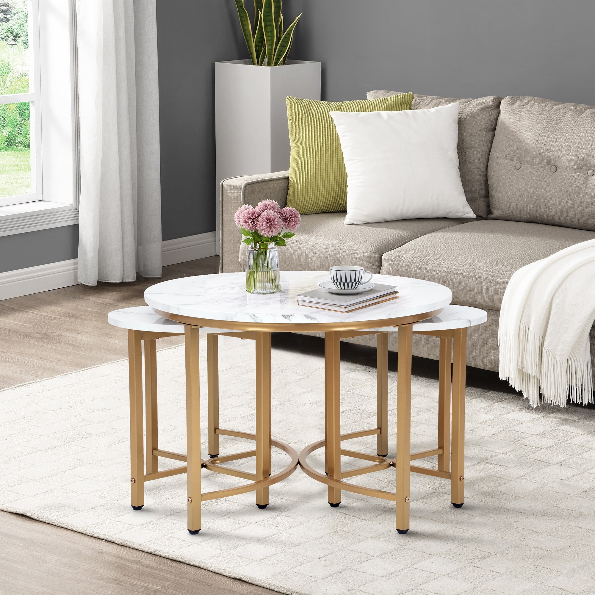 Nesting Coffee Table Set of 3, Oval Coffee Table and 2 Round End Tables ...
