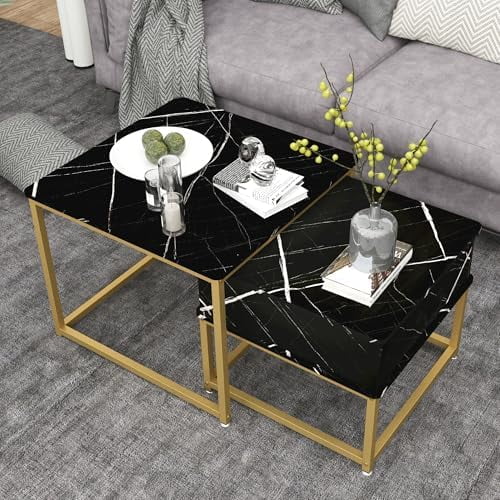 Nesting Coffee Tables Set of 2, Black Marble Nesting Side Tables ...