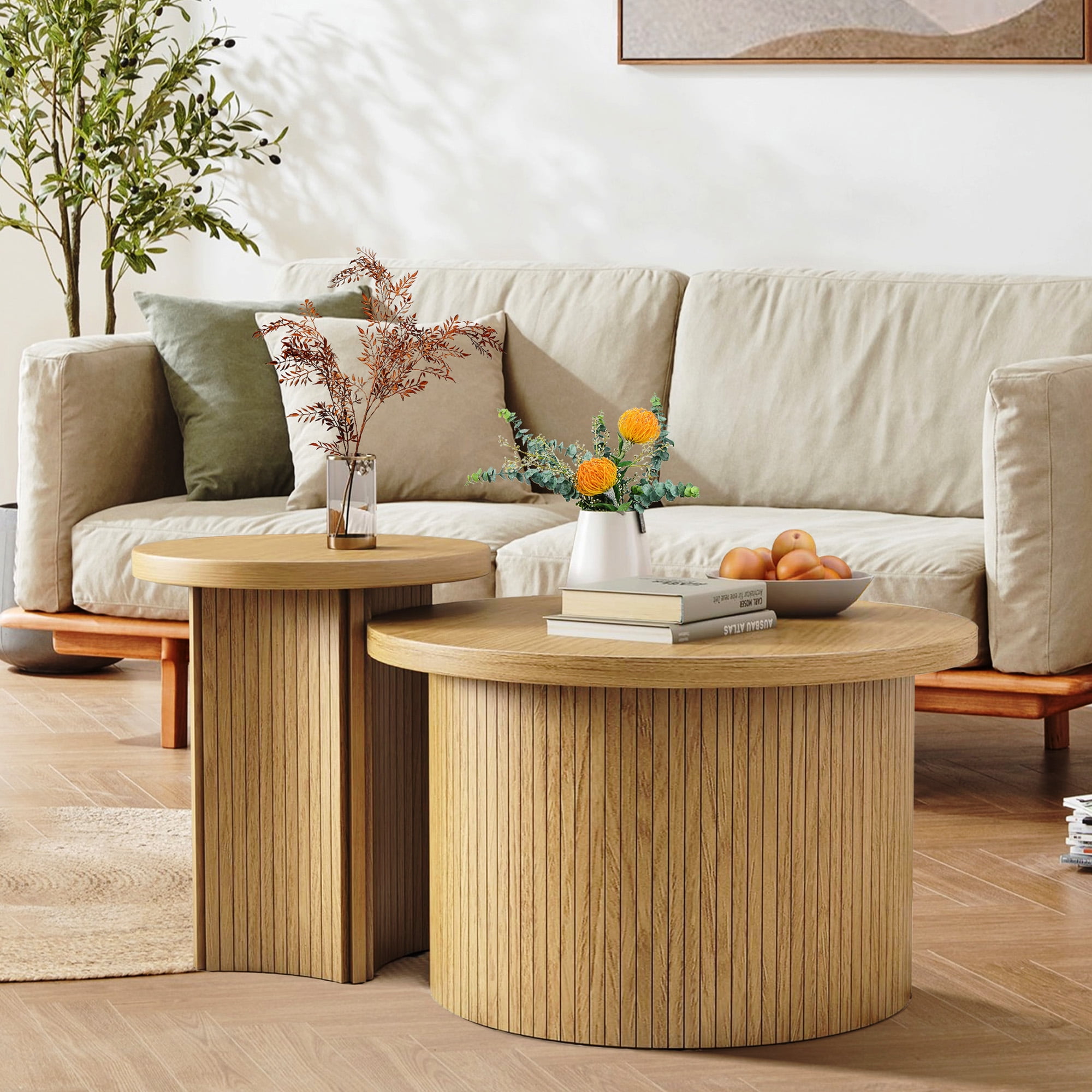 Nesting Coffee Tables Set of 2, Round Coffee Tables, Wooden Side Table ...