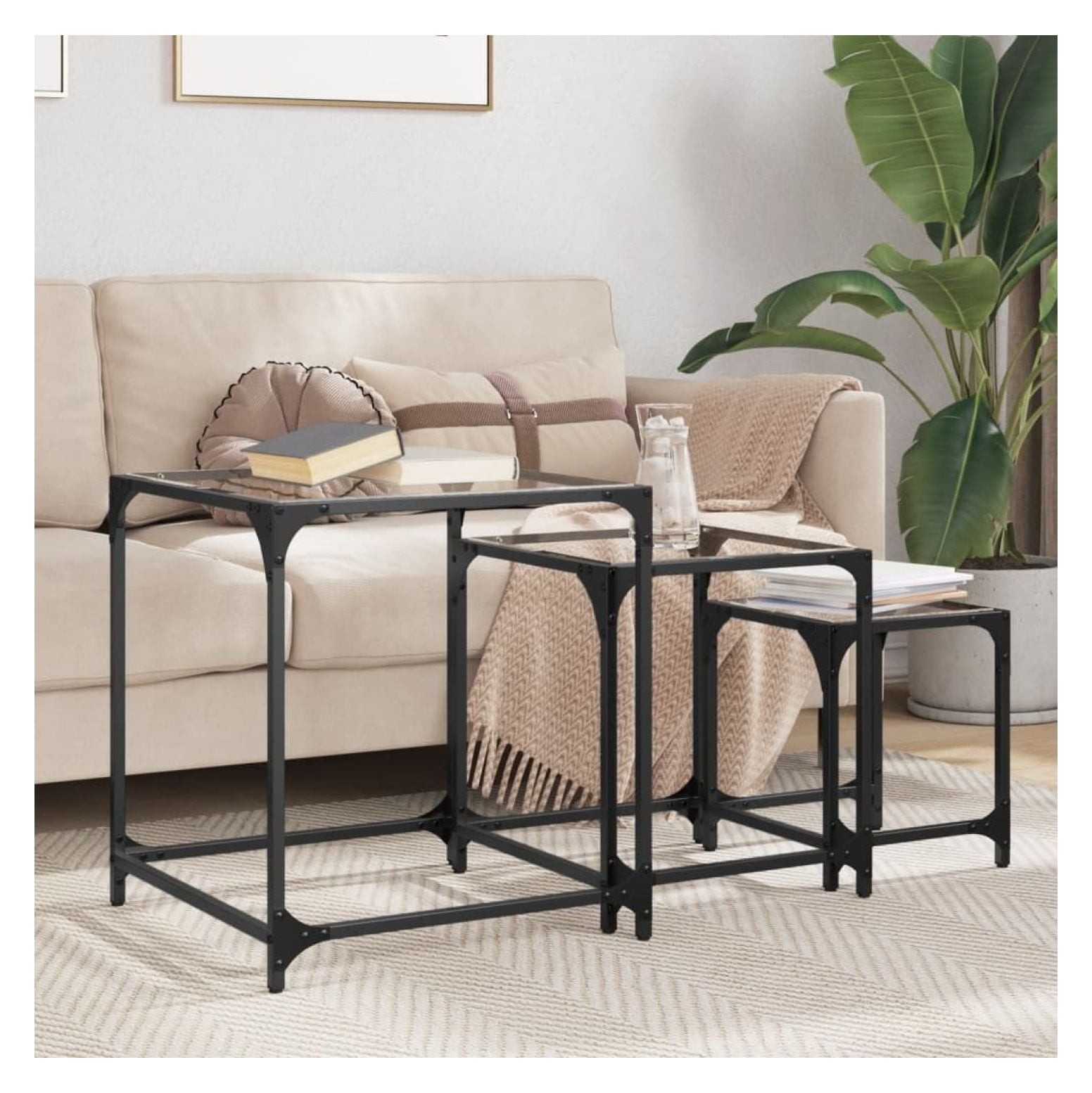 Nesting Coffee Tables Set of 3, Transparent Glass & Steel Frame, Space ...
