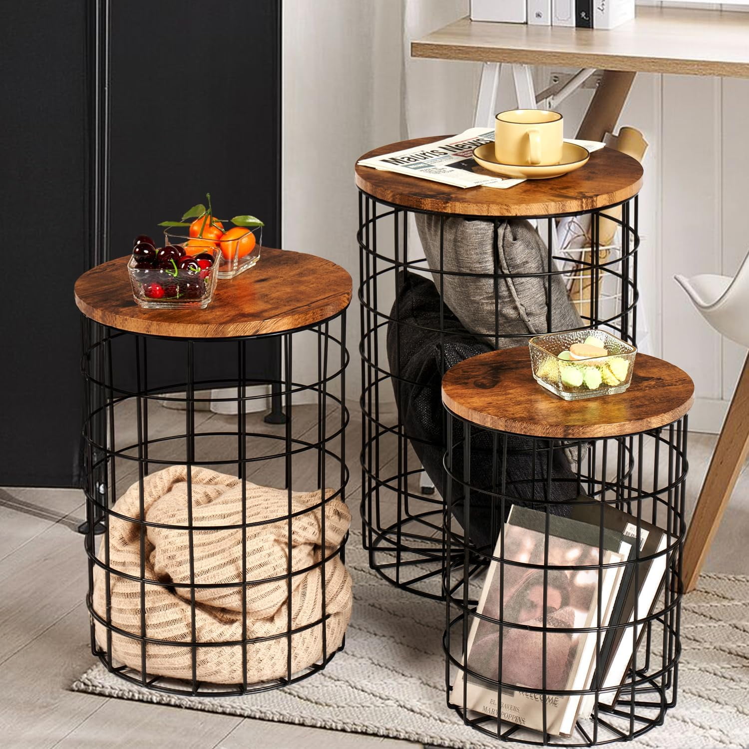 Nesting End Table with Storage, Side Tables Wire Basket Table with Lid ...