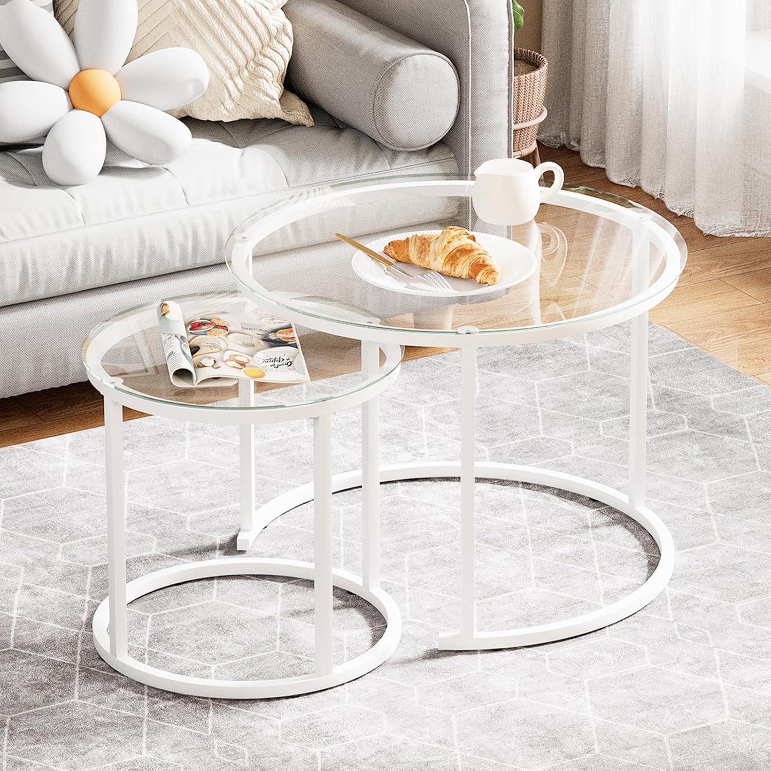 Nesting Glass Table Set of 2, Small Glass Round Nesting Tables for ...