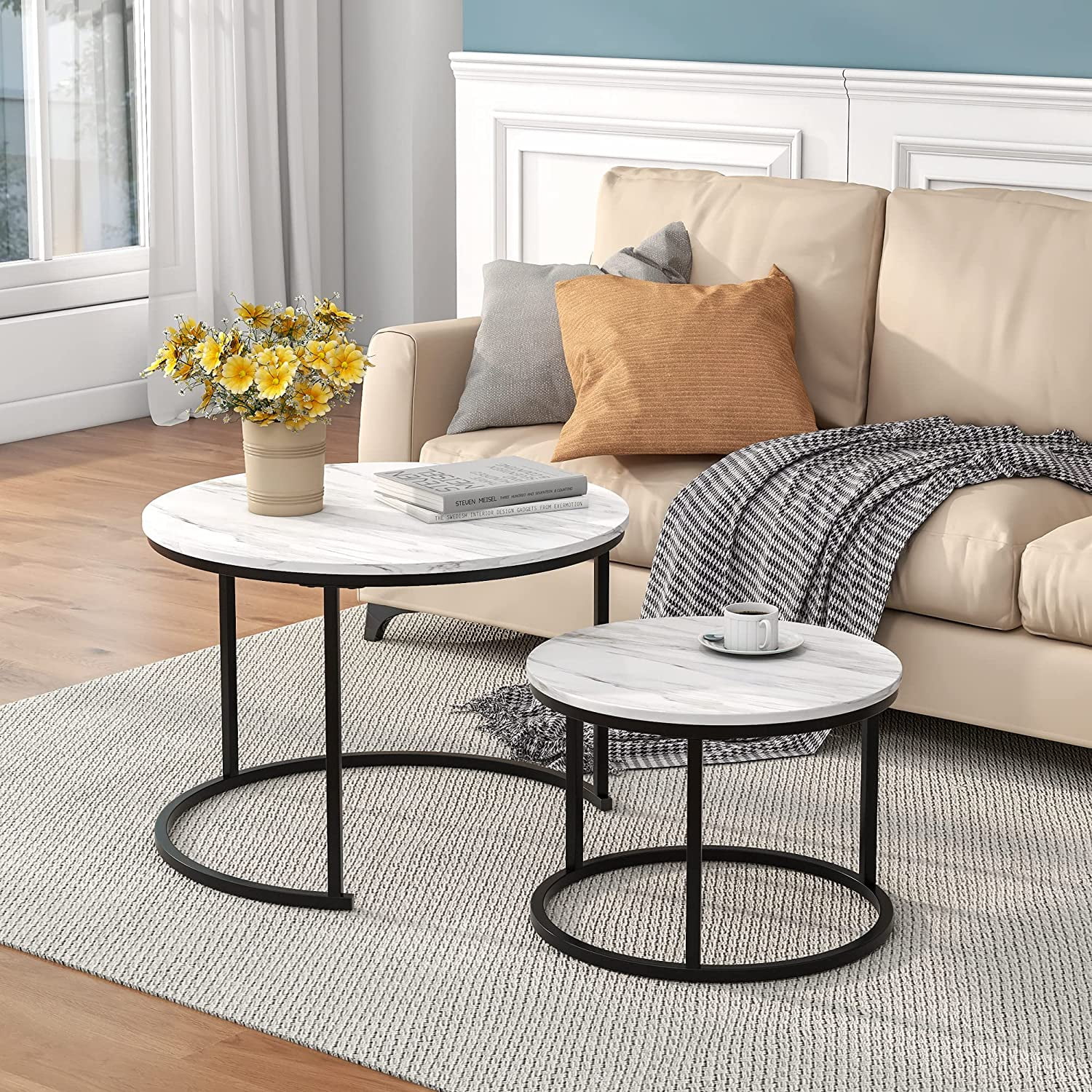 Nesting Round Coffee Table Set of 2 End Tables for Living Room,Circular ...
