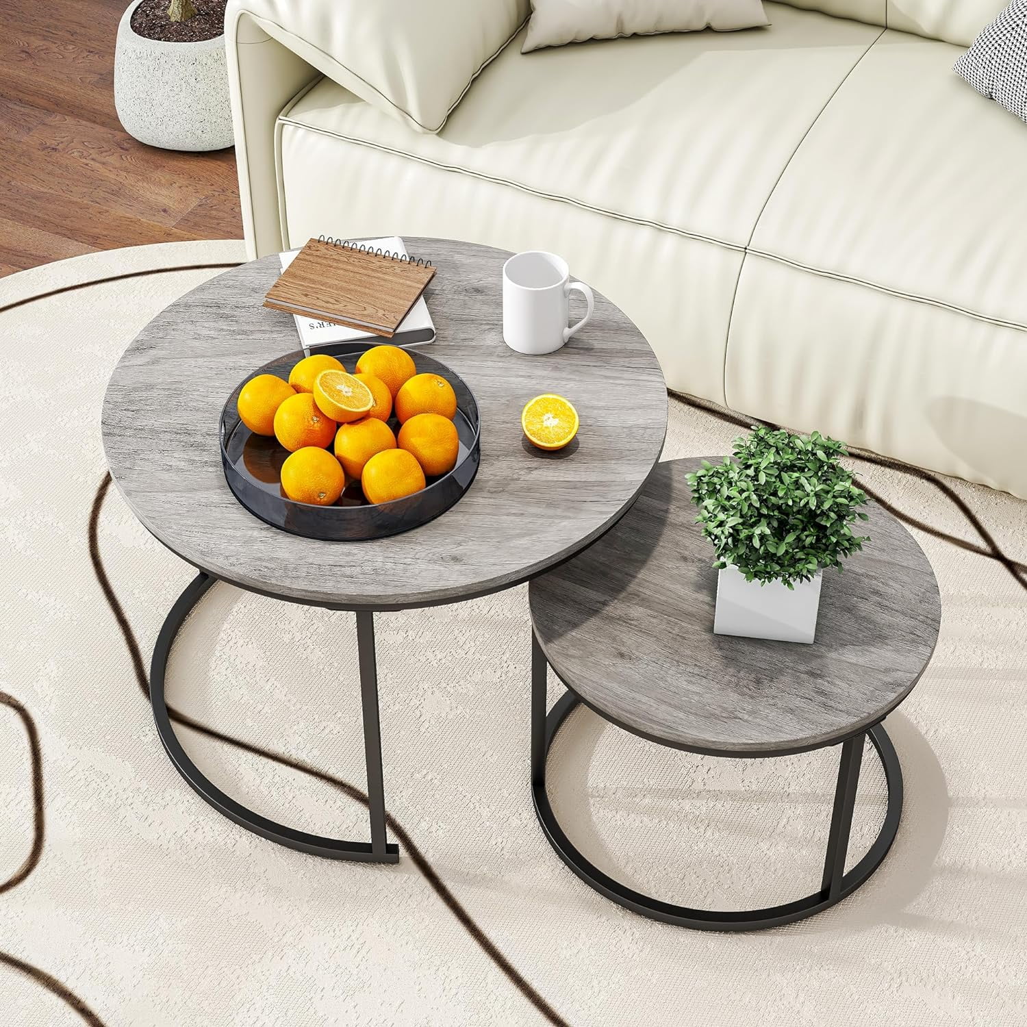 Nesting Round Coffee Table Set of 2 End Tables for Living Room,Grey ...