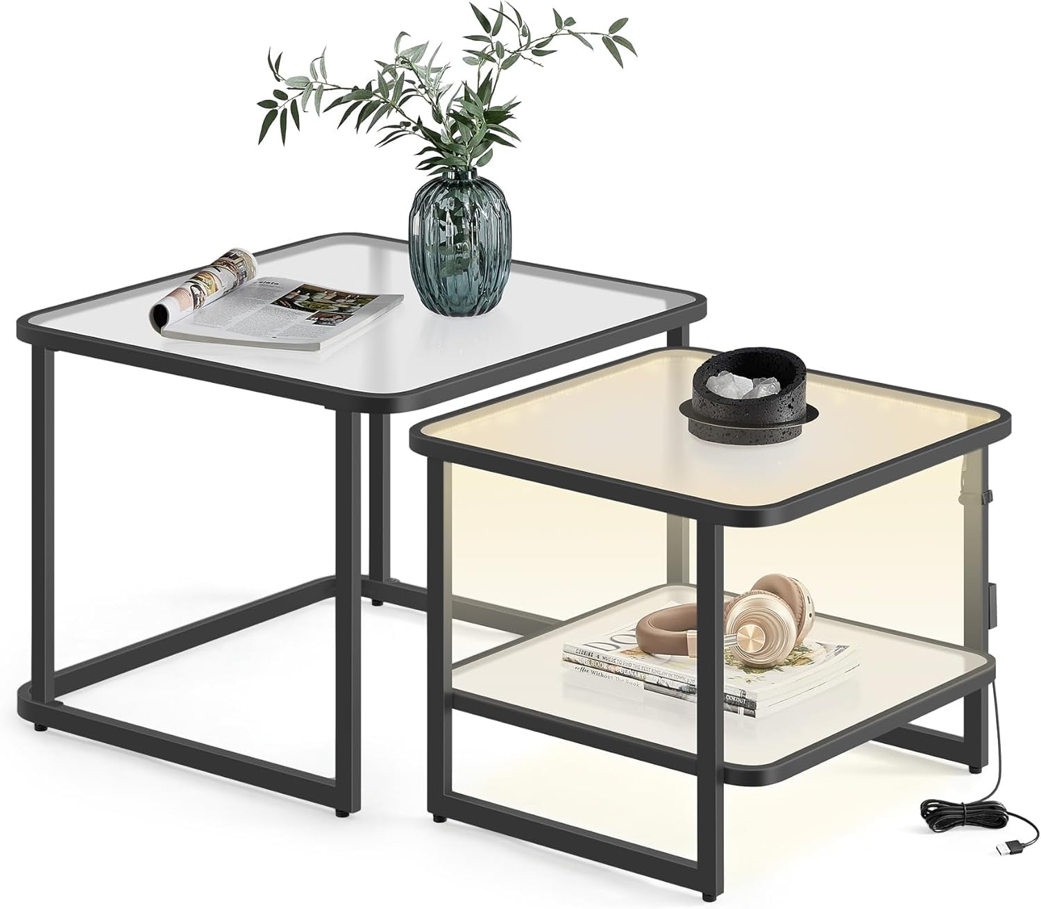 Nesting Tables Set of 2, Frosted Glass Coffee Table with LED Lights ...
