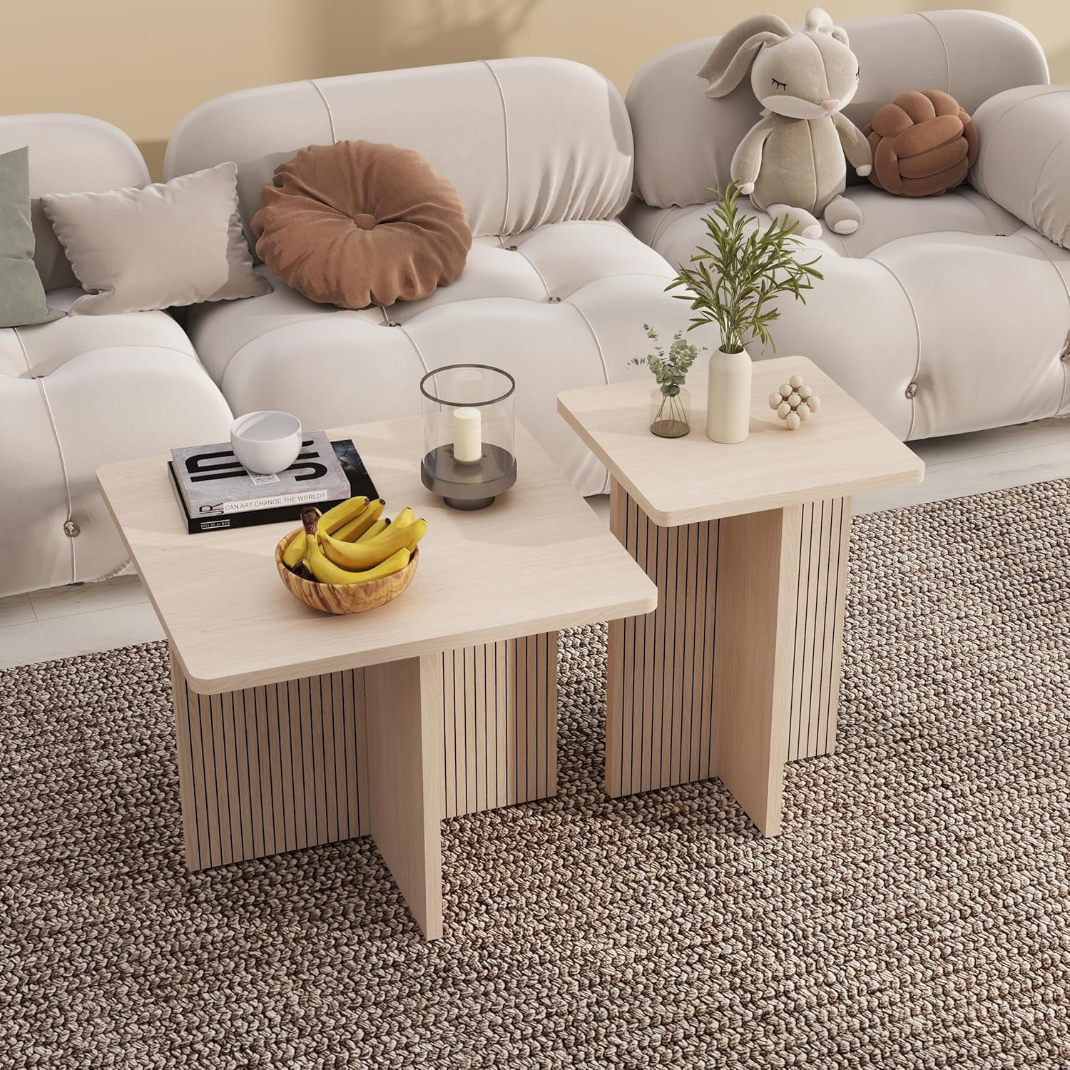 Nesting Wood Grain Color Tables for Living Room: Nesting Coffee Table Set of 2, Modern Wooden ...