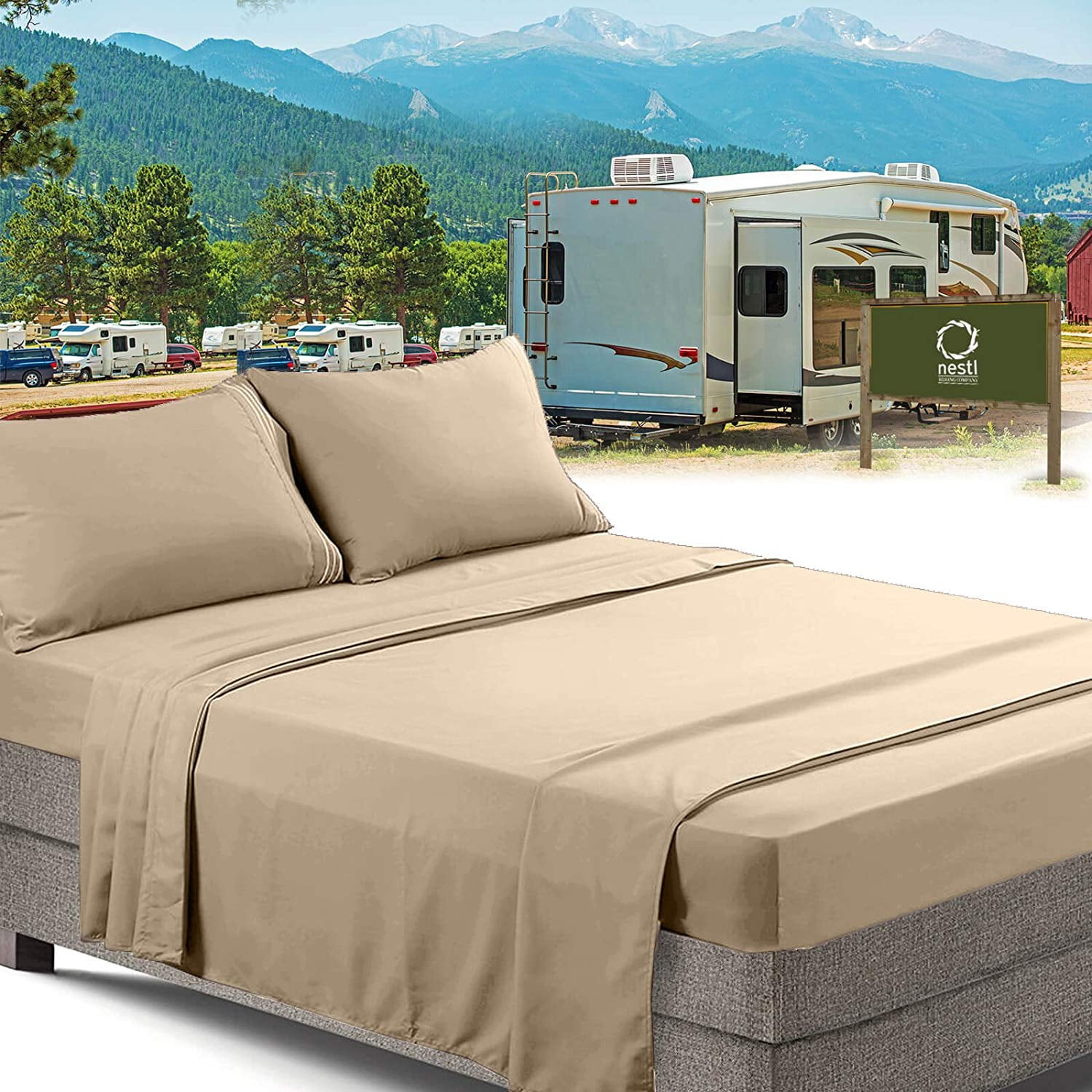 Nestl 4-Piece RV Short Mattress Bed Sheets Set, Deep Pockets, Beige ...