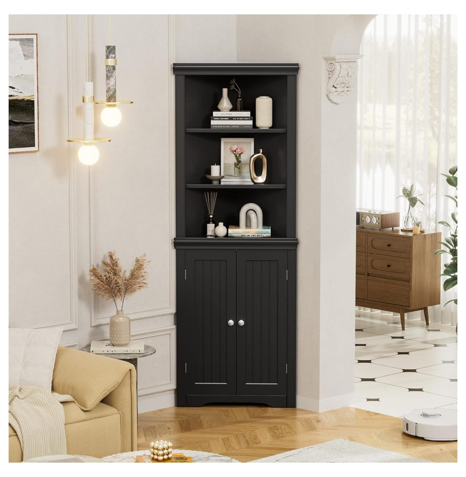 Nestora Corner Cabinet, Corner Shelf with 2 Barn Doors and 3 Shelves ...