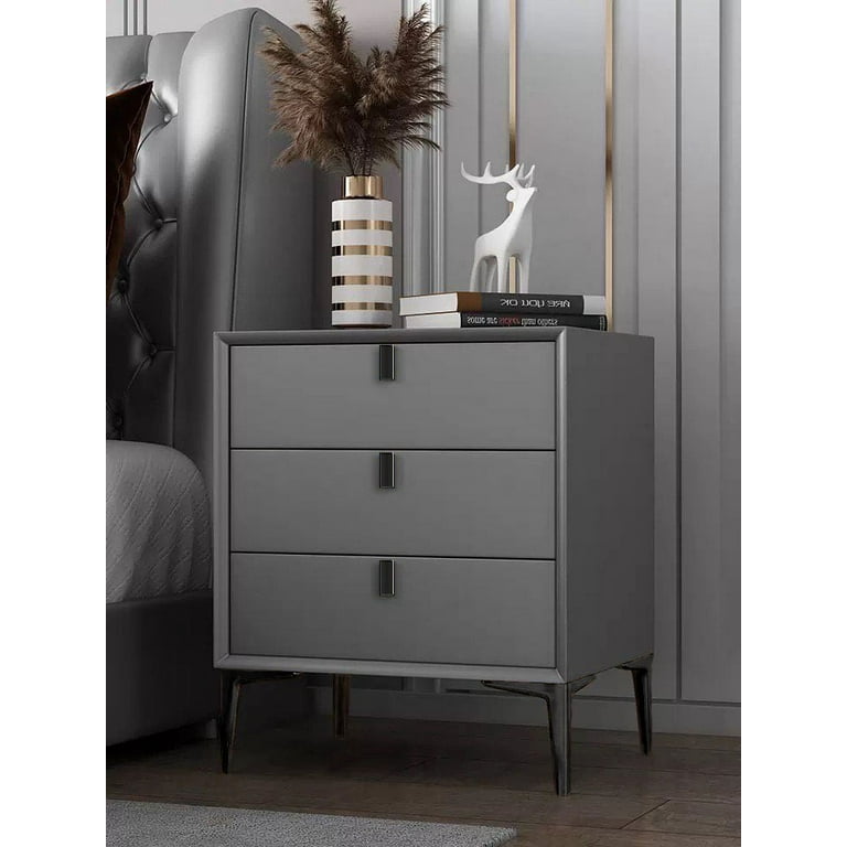 Nesuncia High Quality Solid Wood Nightstand with 3 Drawer Non Toxic Bedside Table Dresser with Drawer Dark Grey Large Black Knob and Leg