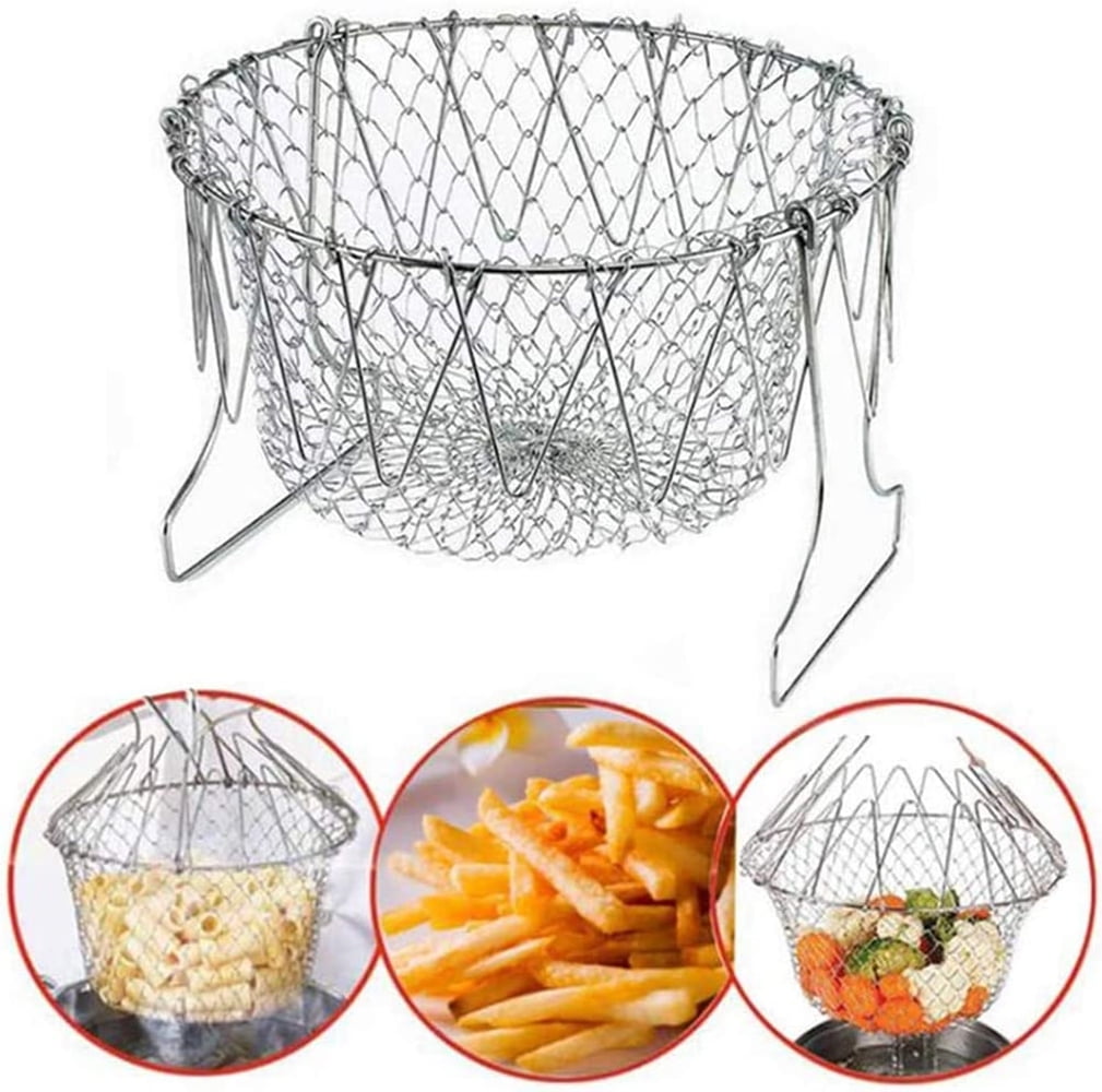 Net Fry Cooking Fryer Basket,GIXUSIL Silver Stainless Steel Foldable ...