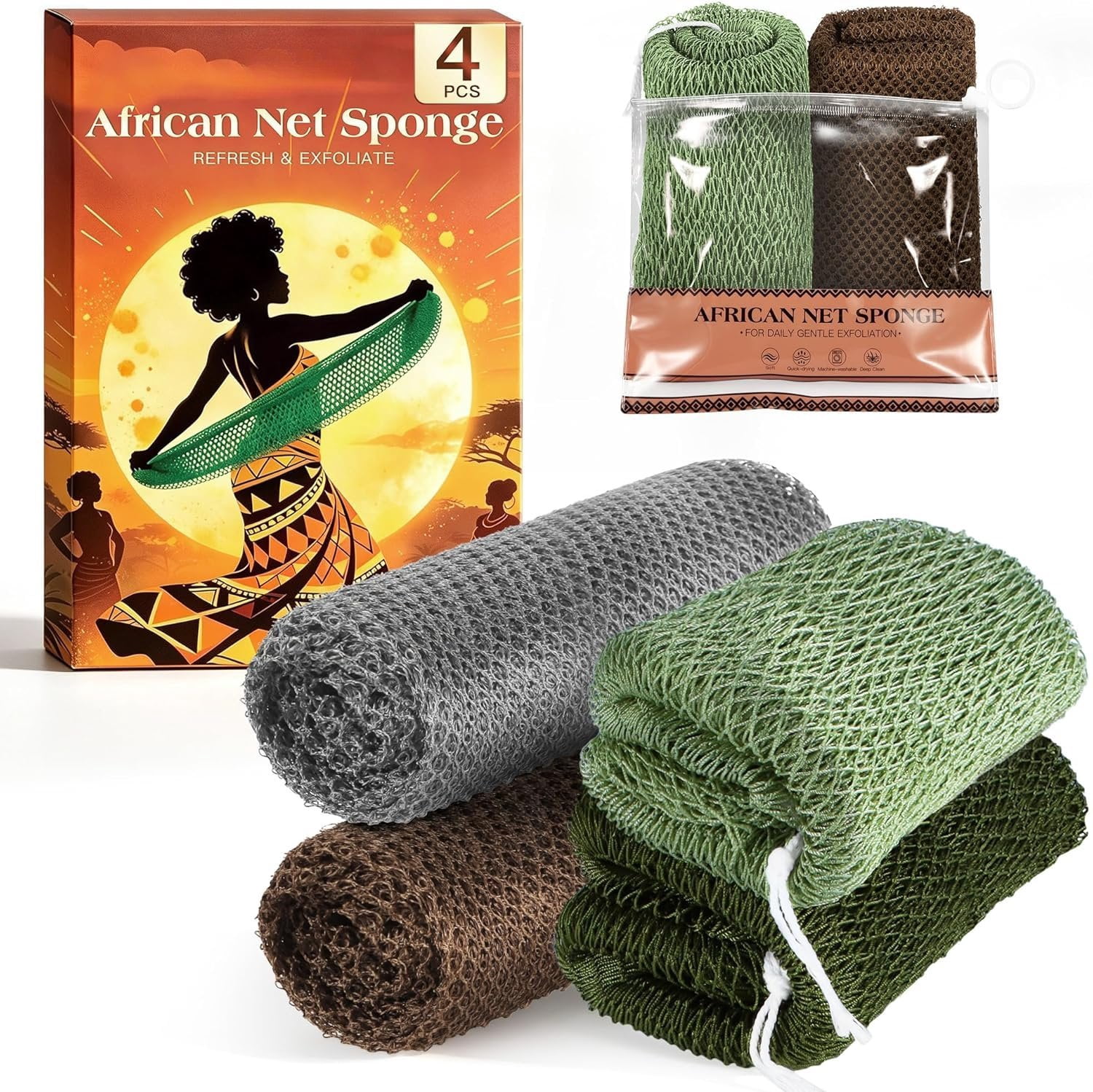 Net Sponge 4 count, for Smooth , Long Stretch Wash Cloth for Cleansing ...