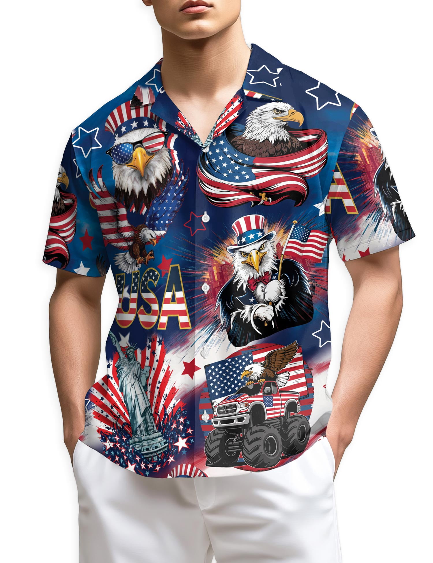 Netecom 4th of July America Flag Bald Eagle Hawaiian Shirt for Men ...