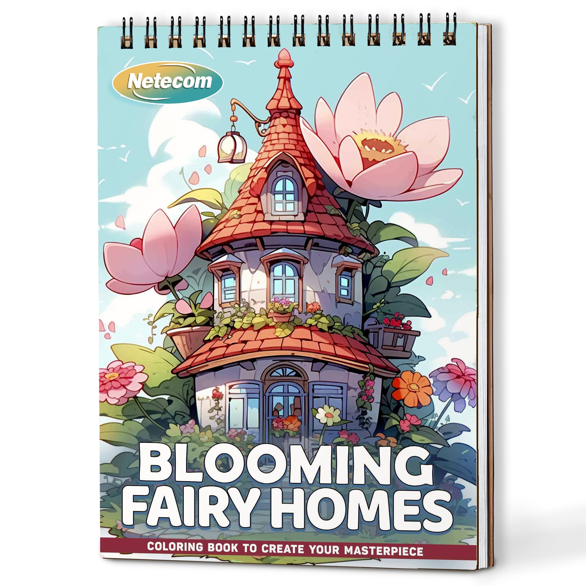 Netecom Blooming Fairy Homes Coloring Book for Adults, Spiral Bound Edition, A5 Wooden Cover, 30 ...