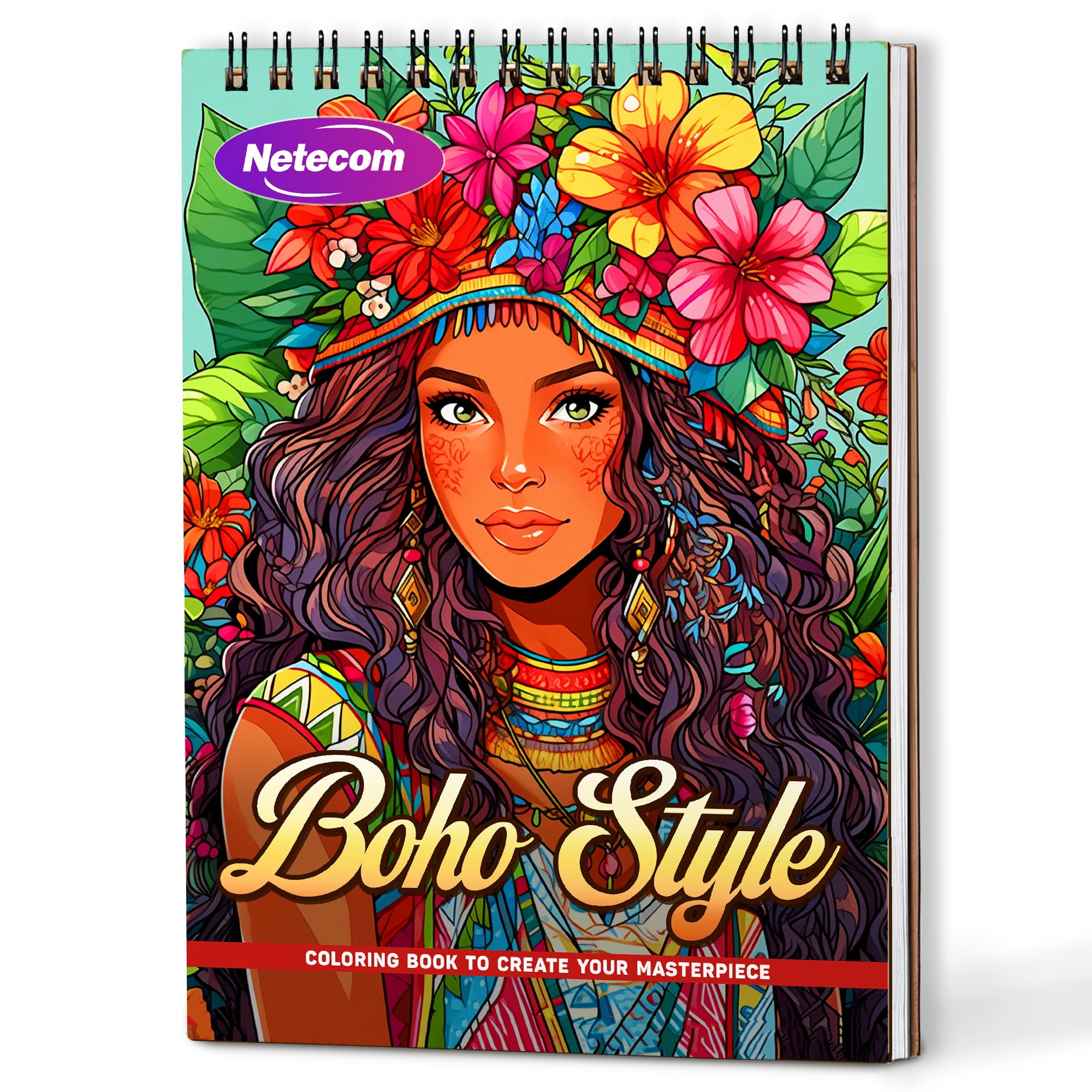 Netecom Boho Style Coloring Book Spiral Bound For Adults, A5 Wooden ...