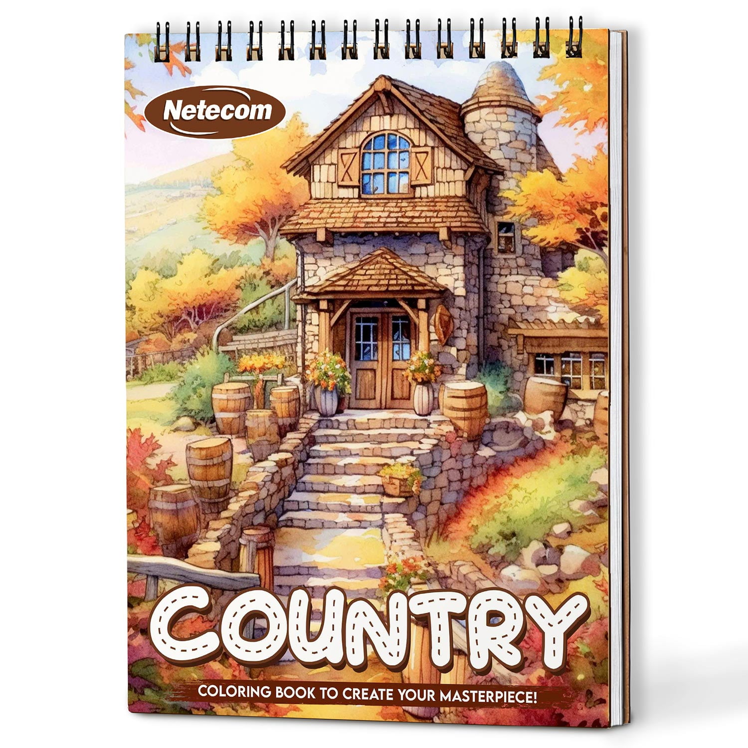 Netecom Country Coloring Book Spiral Bound for Adults, A5 Wooden Cover ...
