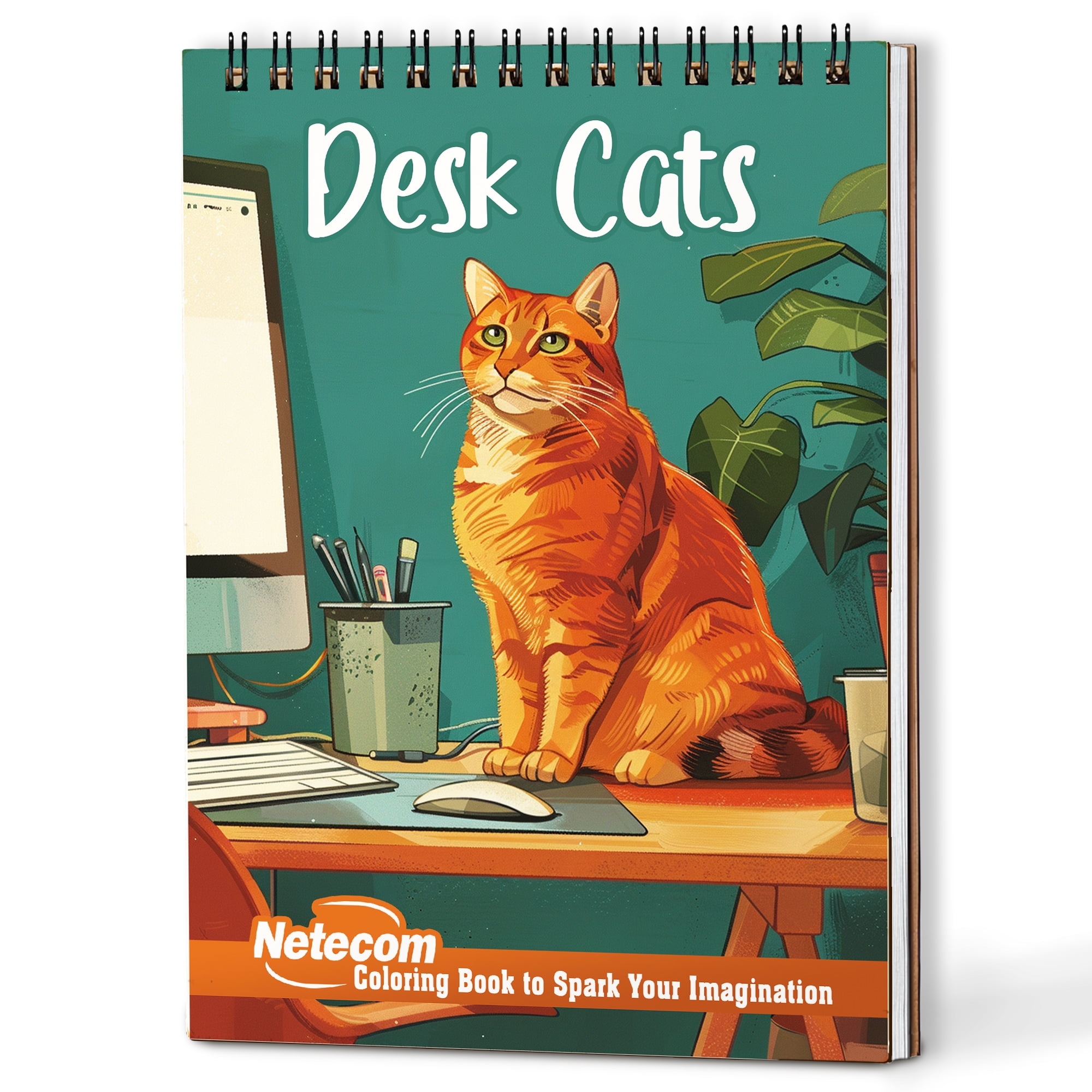 Netecom Desk Cats Coloring Book Spiral Bound for Adults, Wooden Cover ...