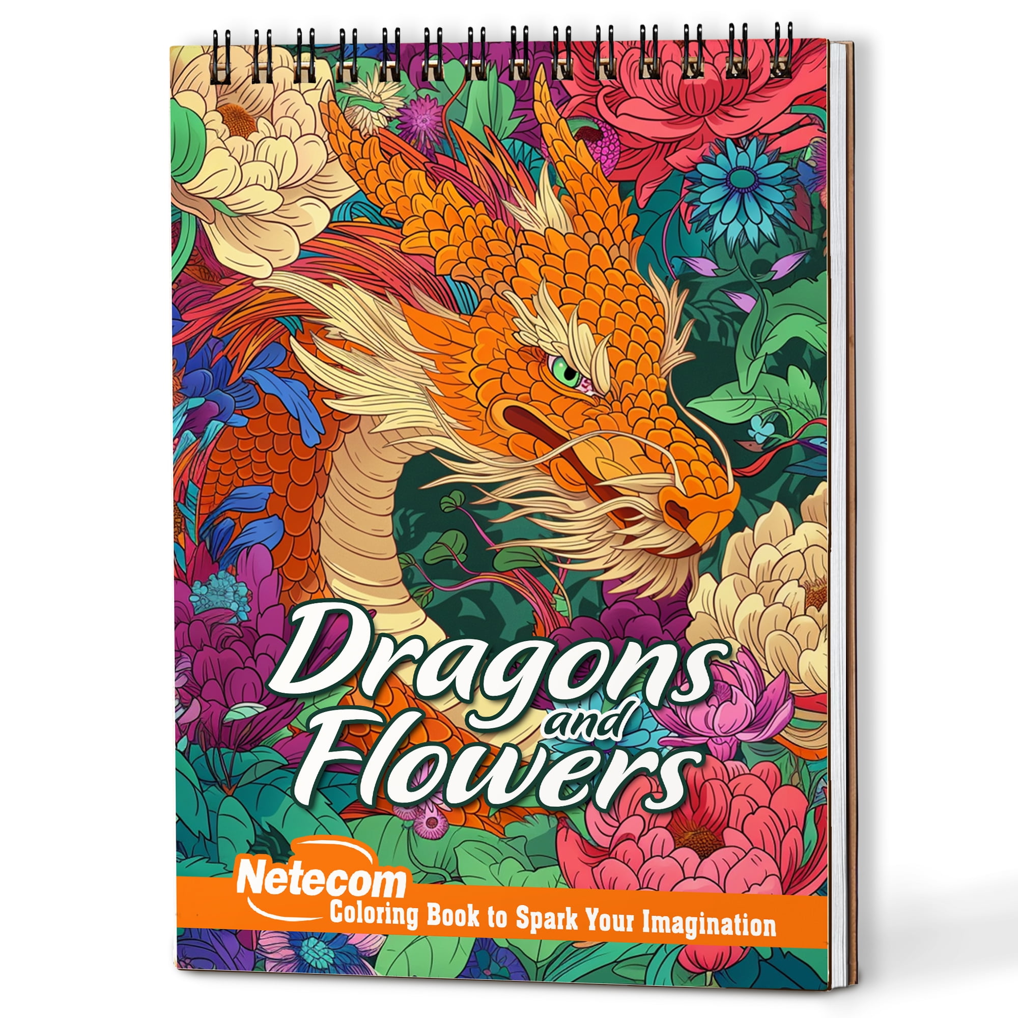 Netecom Dragons and Flowers Coloring Book Spiral Bound for Adults ...