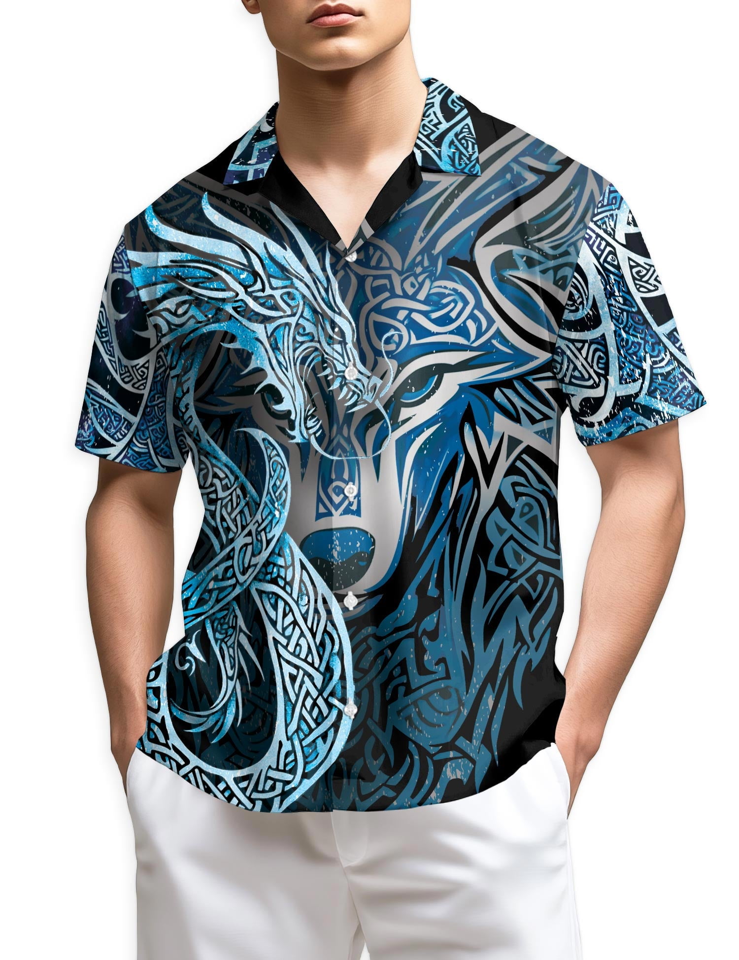 Netecom Fenrir Blue Hawaiian Shirt for Men, Button Down Summer Beach ...