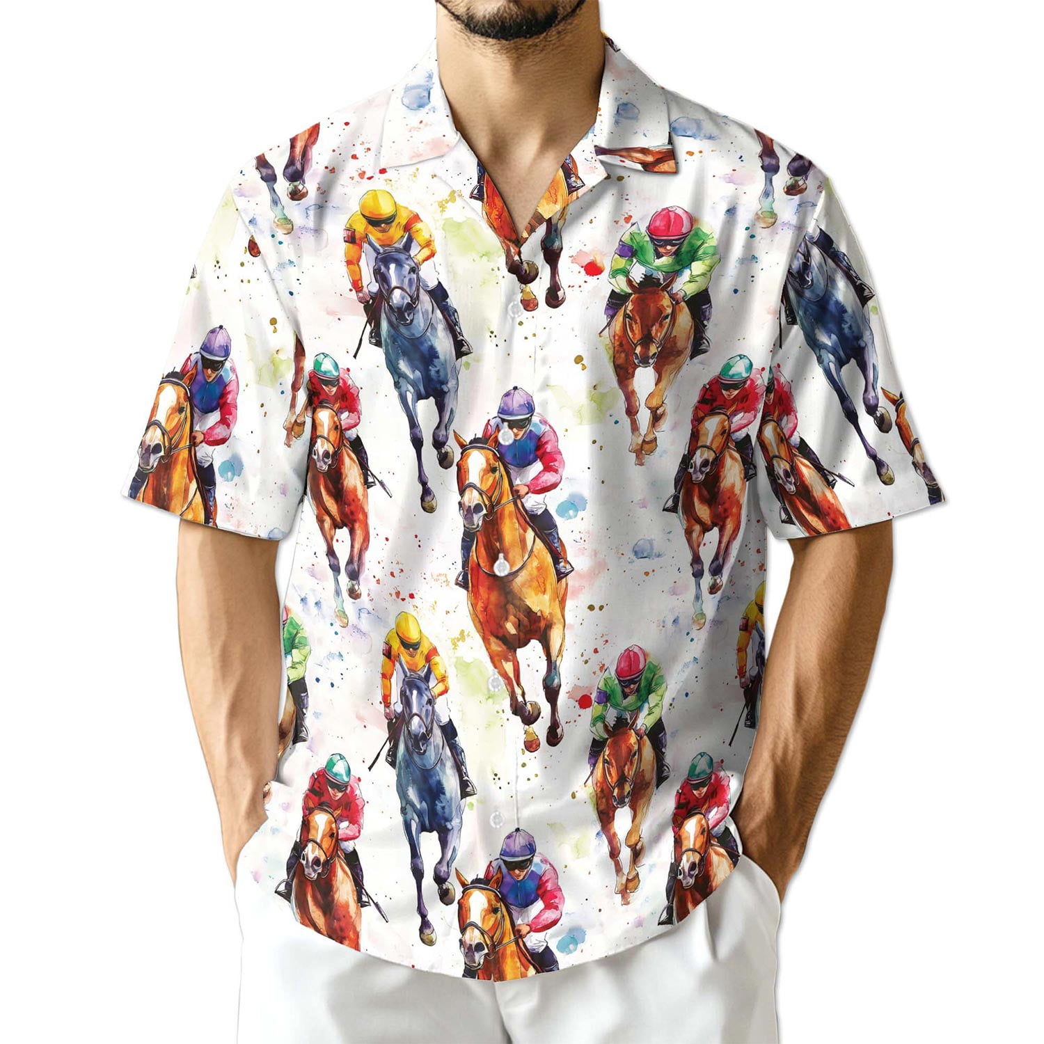 Netecom Horse Racing Pattern Hawaiian Shirt for Men, Button Down Summer ...