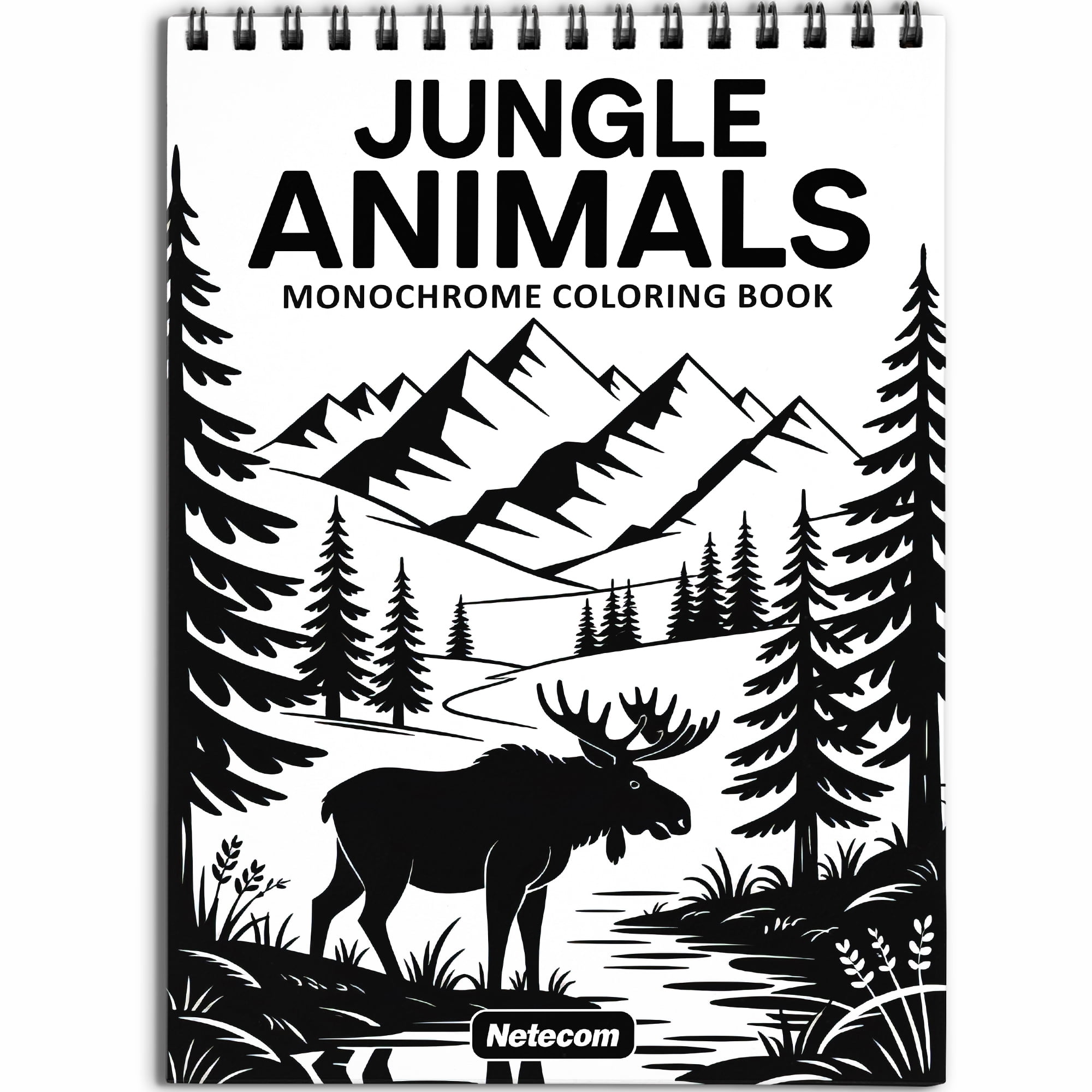 Netecom Jungle Animals Monochrome Coloring Book Spiral Bound for Adults ...