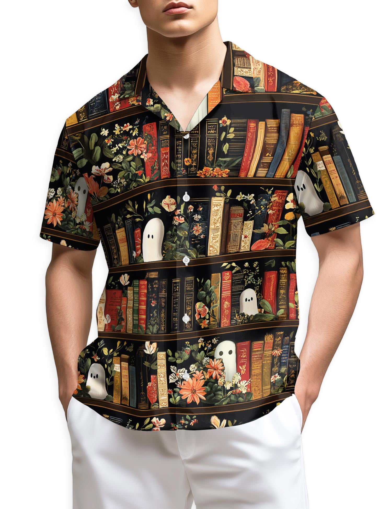 Netecom Library Ghost Hawaiian Shirt for Men, Retro Style, Button Down Summer Beach Short Sleeve ...