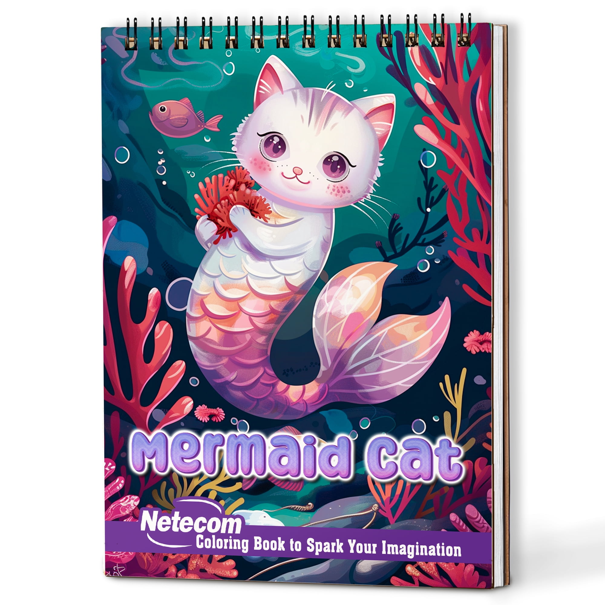 Netecom Mermaid Cat Coloring Book Spiral Bound for Adults, Wooden Cover ...