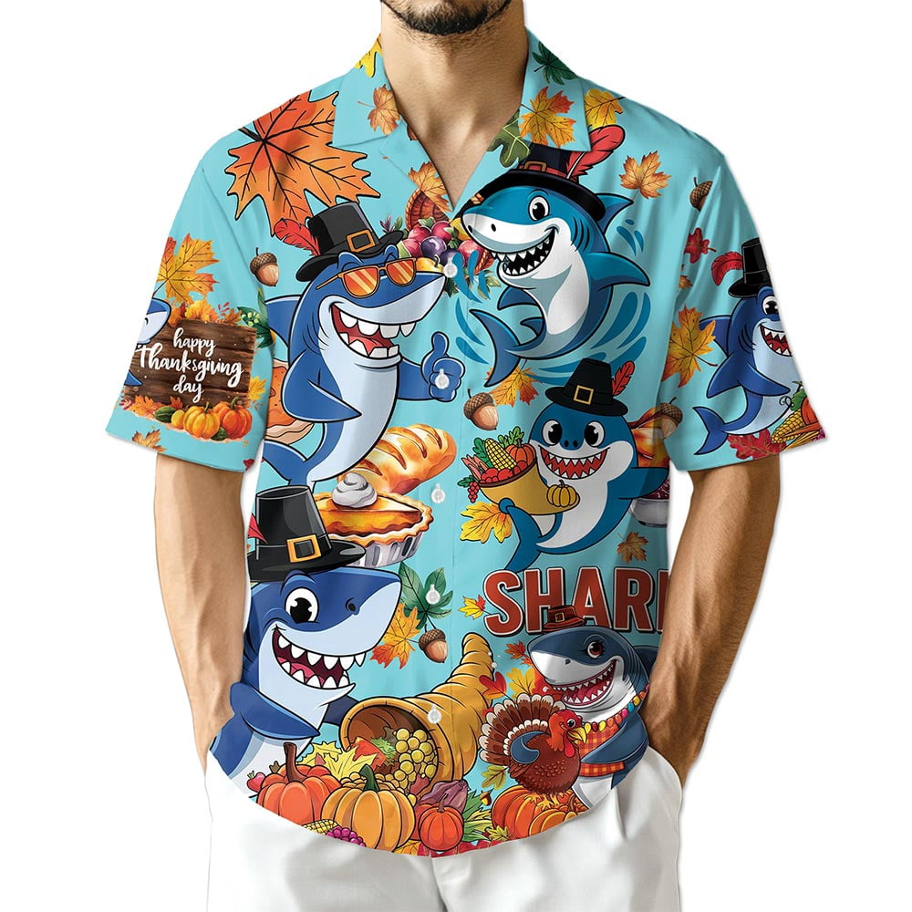 Netecom Shark Thanksgiving Hawaiian Shirt for Men, Happy Turkey Day ...