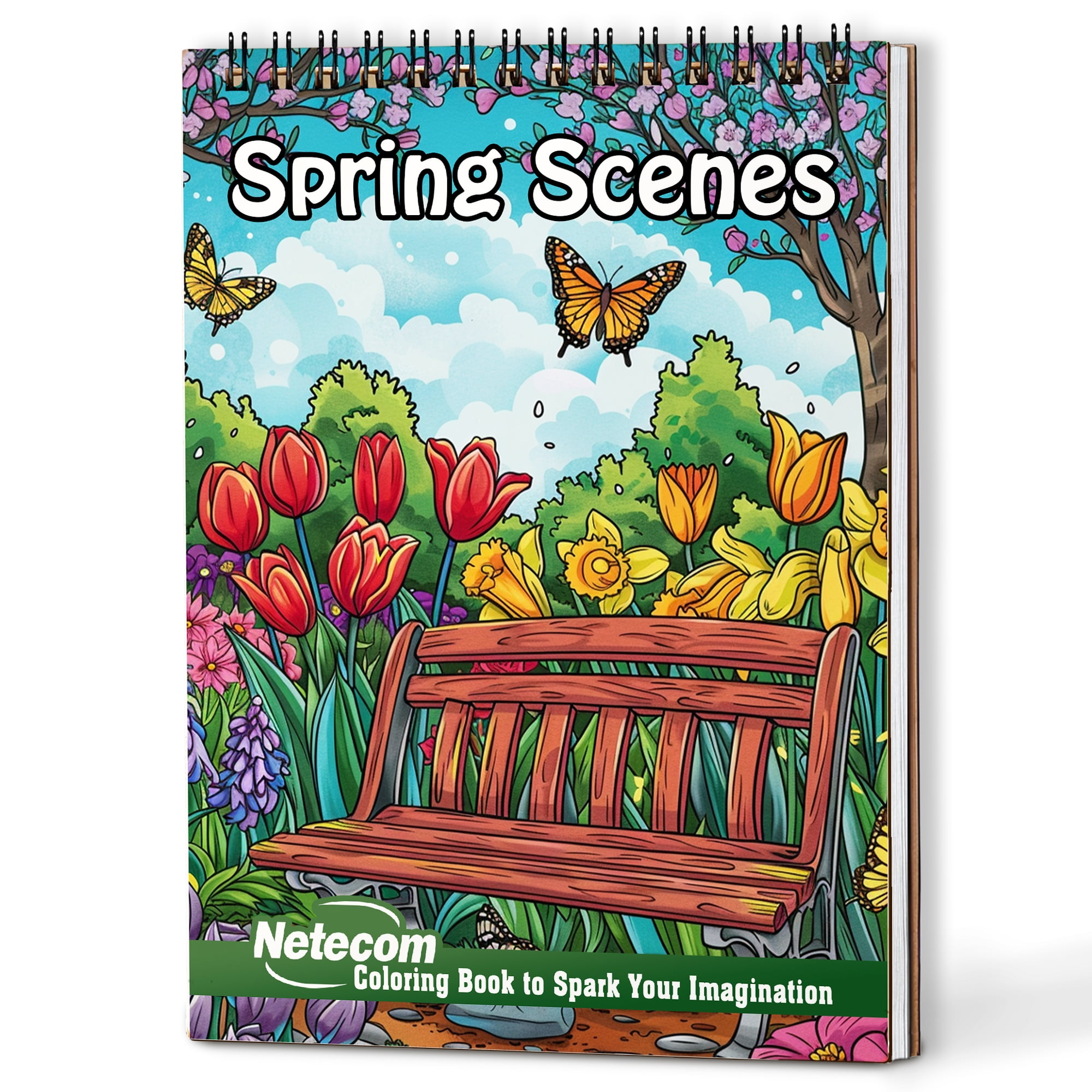 Netecom Spring Scenes Coloring Book Spiral Bound for Adults, Wooden ...