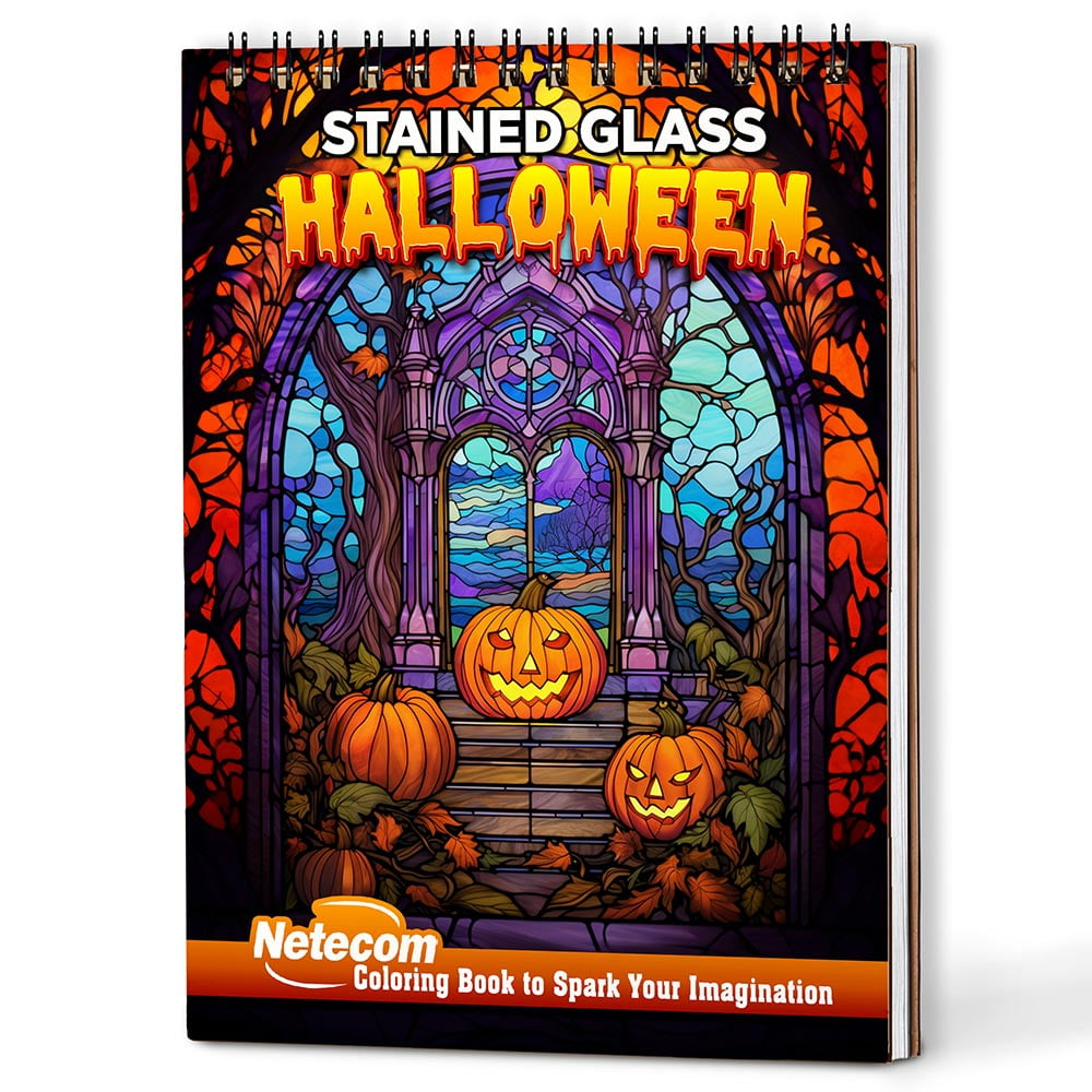 Netecom Stained Glass Halloween Coloring Book Spiral Bound for Adults ...