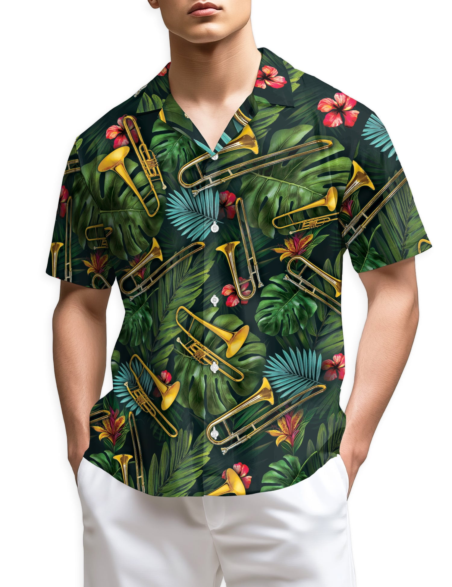 Netecom Tropical Trombone Pattern Hawaiian Shirt for Men, Musical ...