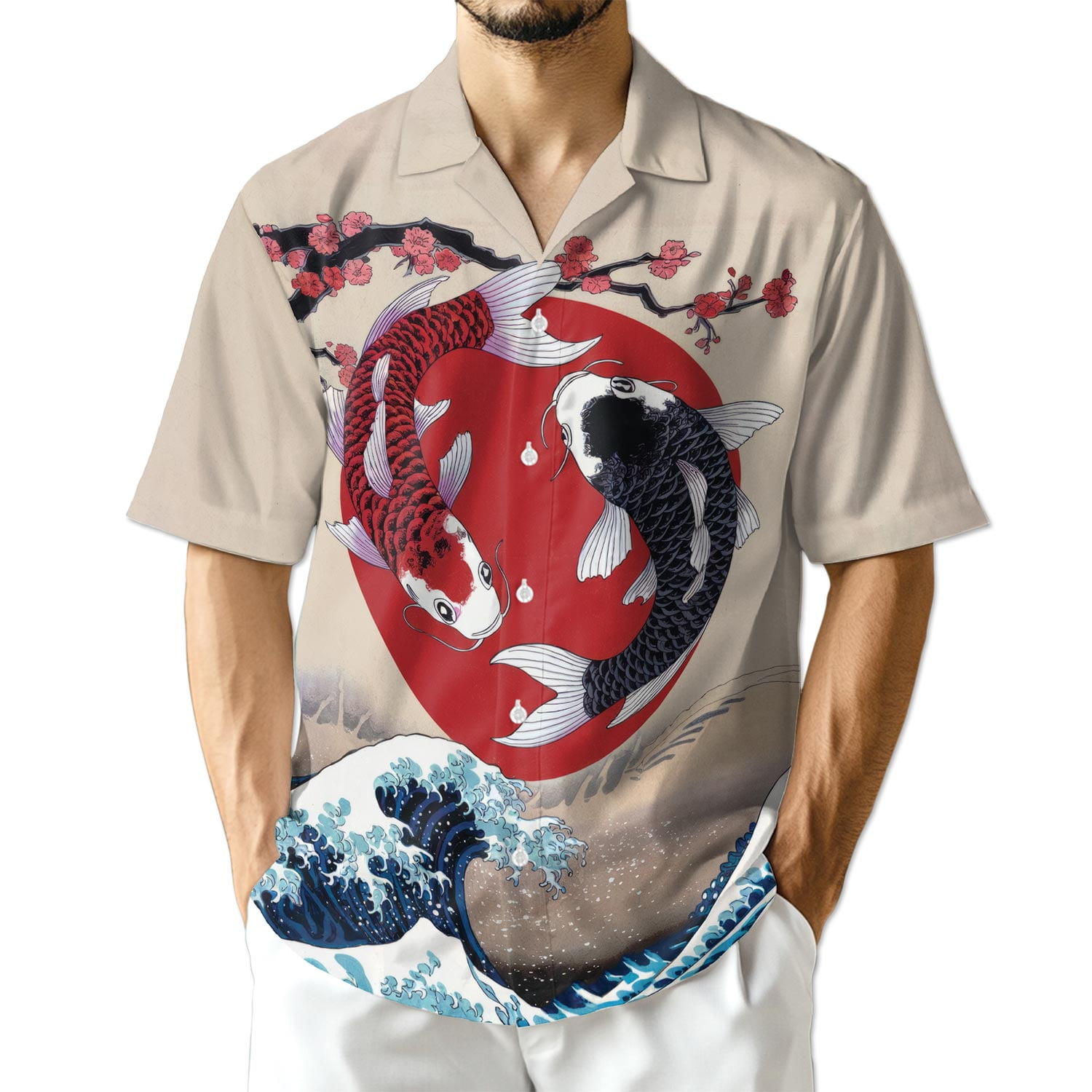 Netecom Yin Yang Koi Fish Hawaiian Shirt for Men, Button Down Summer ...