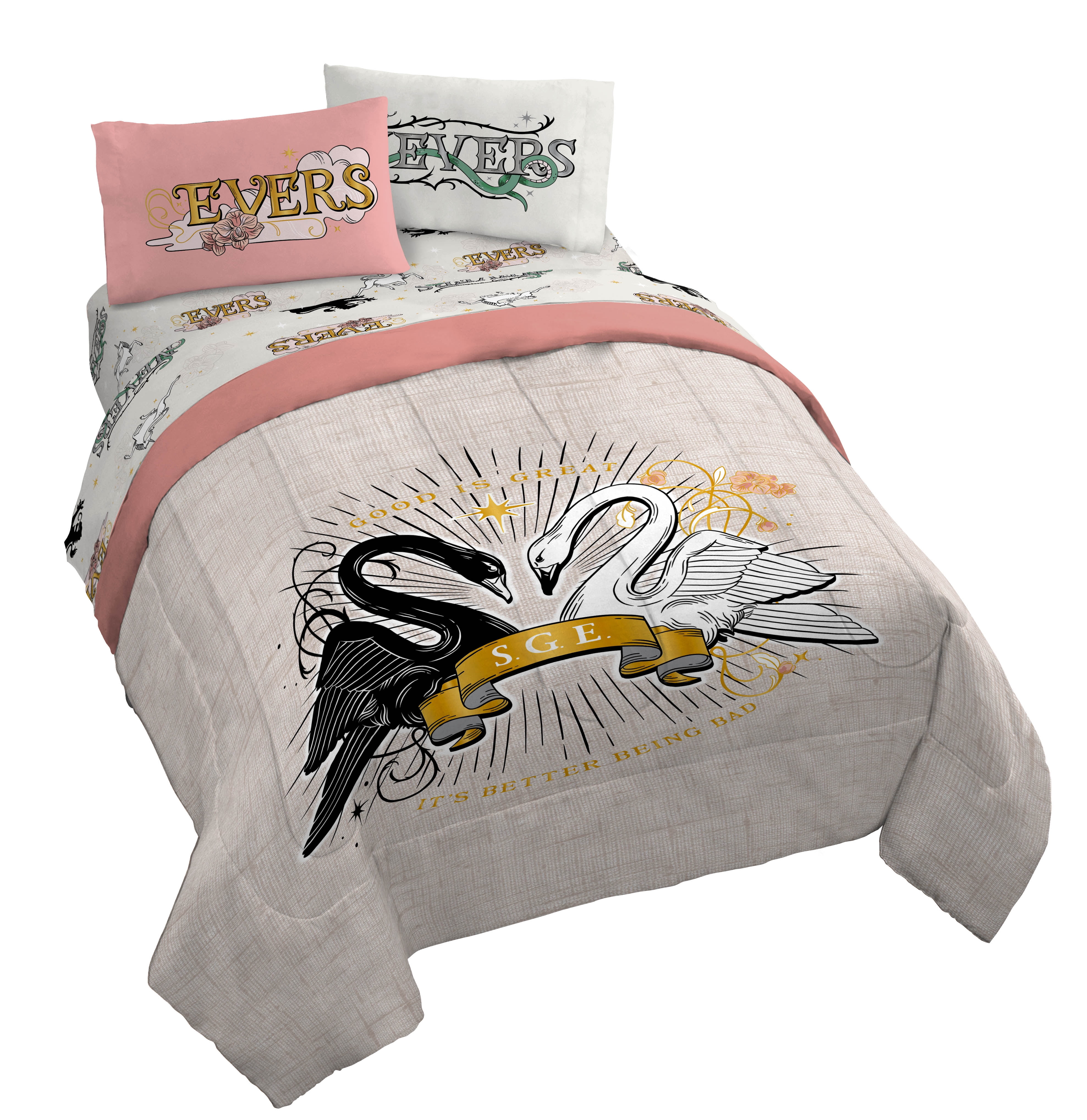Netflix The School for Good and Evil Ever/Never Pink 7 Piece Full Bed Set with Sham, 100% ...