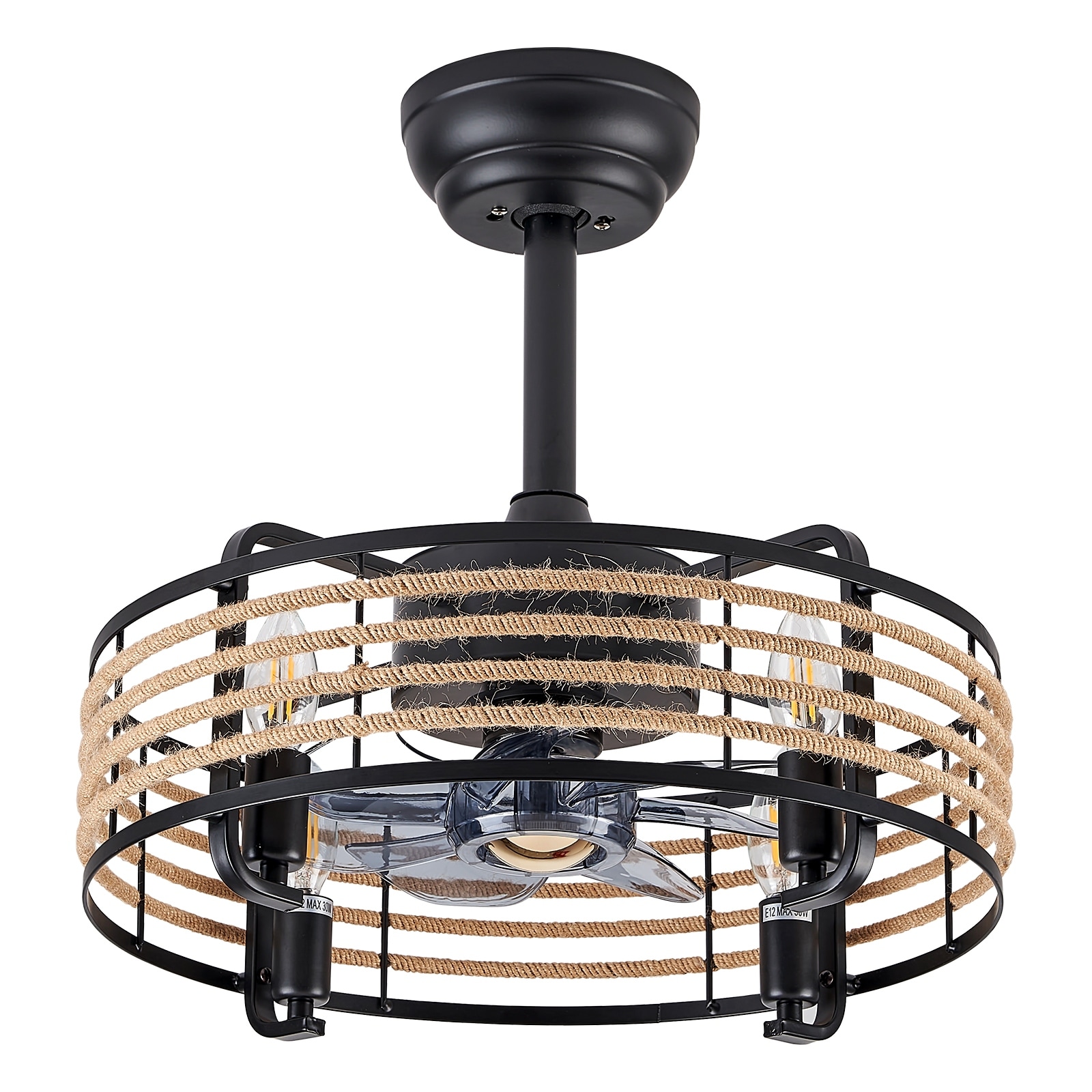 Netin 13" Rattan/Hemp Rope Caged Black Ceiling Fan With Light, 6 Speed ...