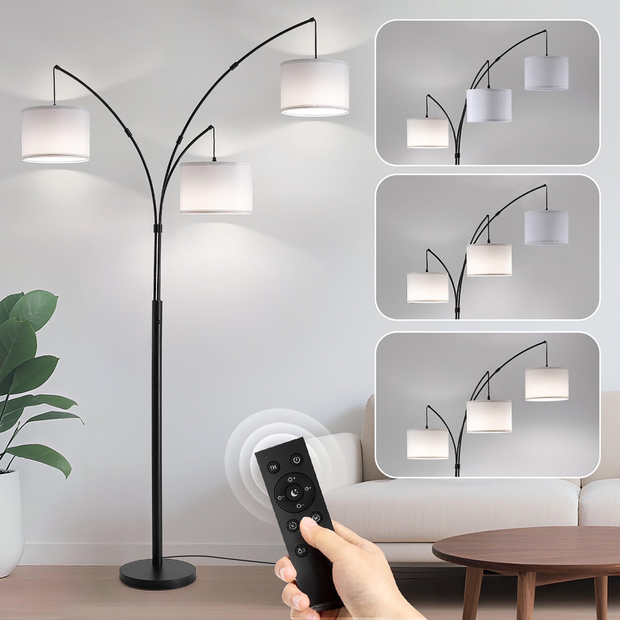 Netin 80” 3-Light Modern Dimmable Black Arc Floor Lamp with White ...