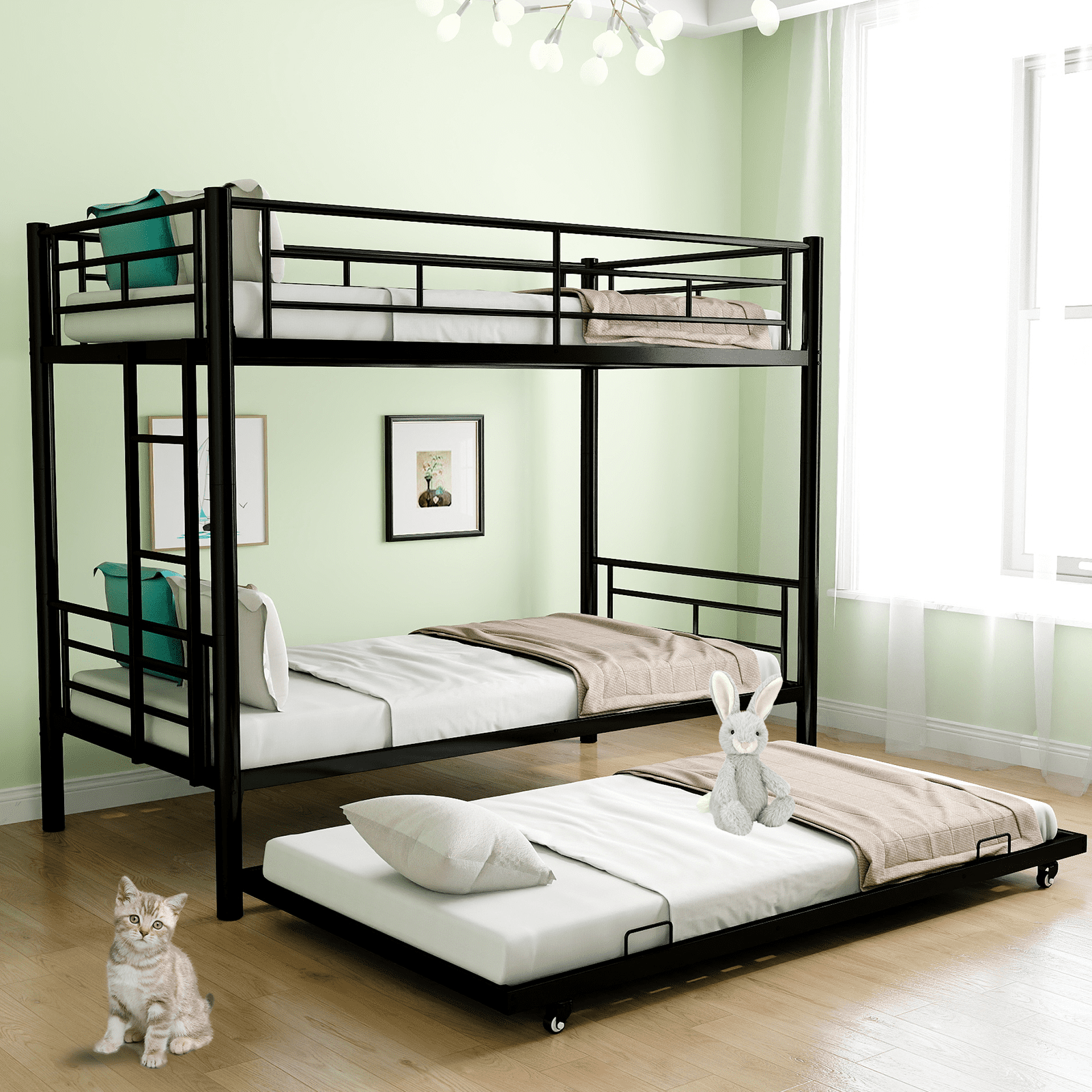 Twin Over Twin Bunk Bed with Trundle, Netrum Metal Bunk Bed with Ladder ...
