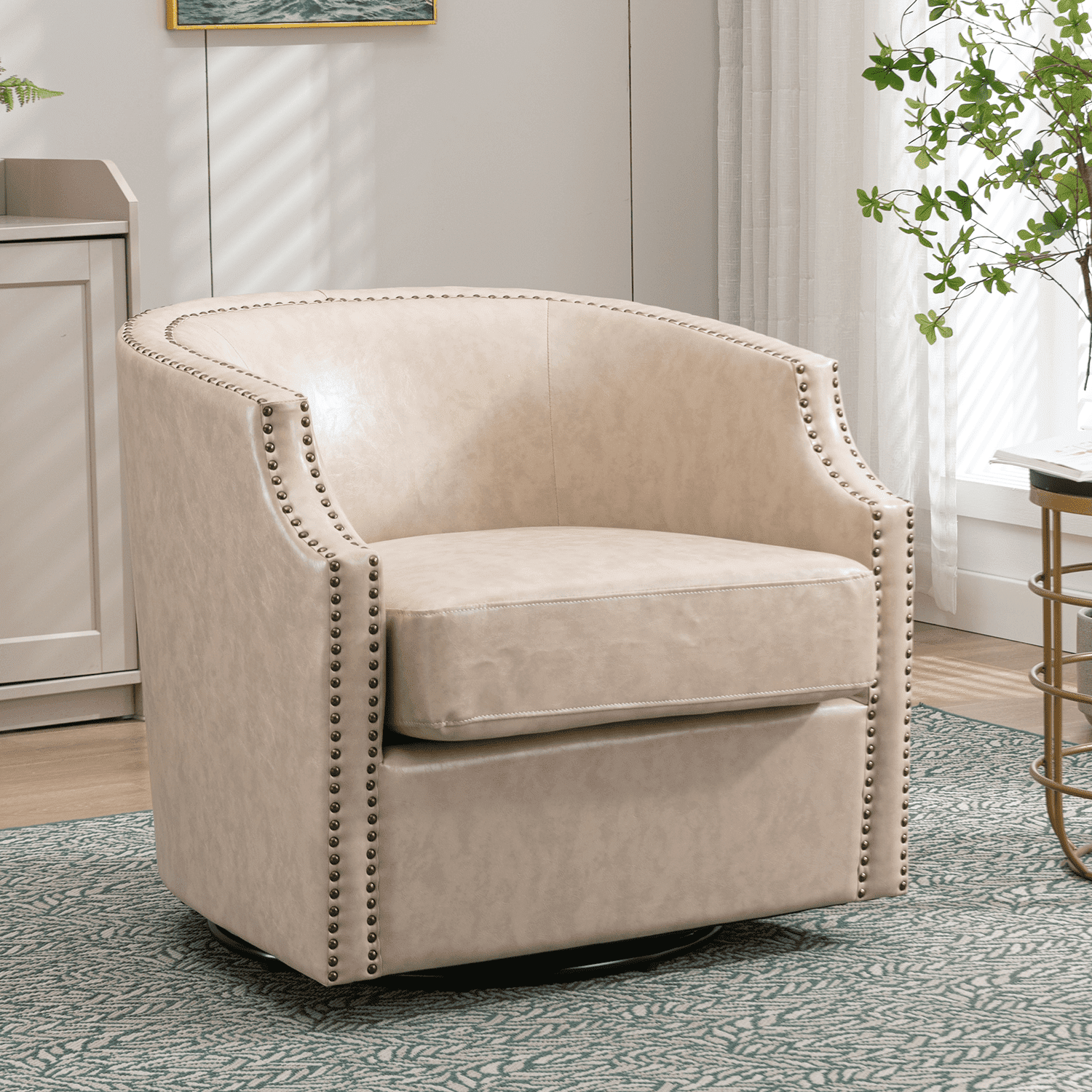 Netrum Leather Swivel Barrel Accent Chair Modern Comfy Upholstered Armchair for Living Room ...