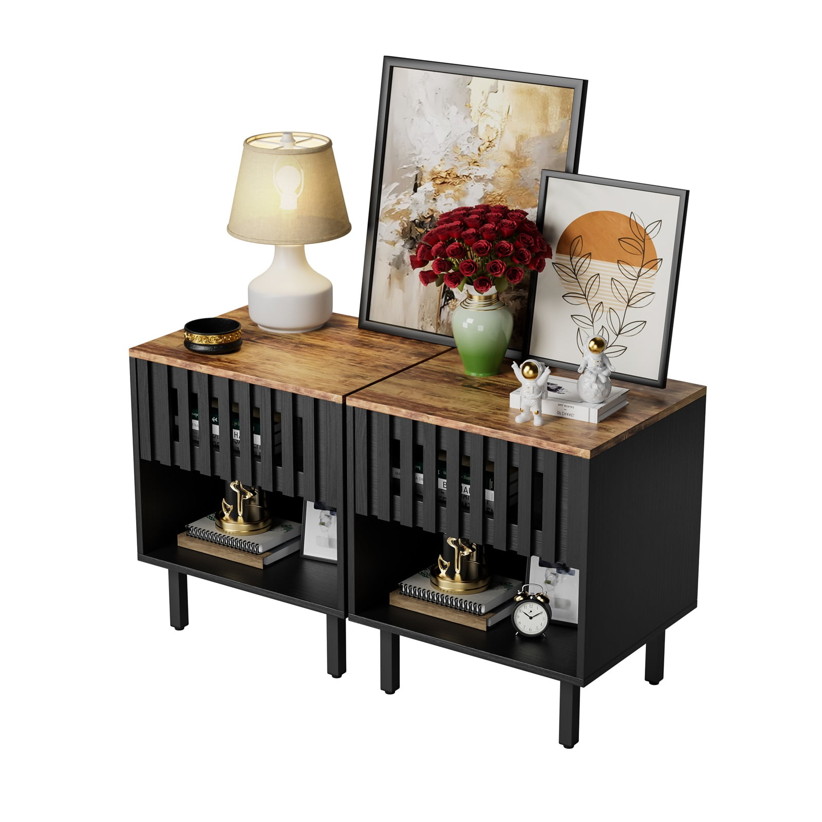Netrum Nightstands Set of 2 with Grille Striped Drawer, Modern Wood ...