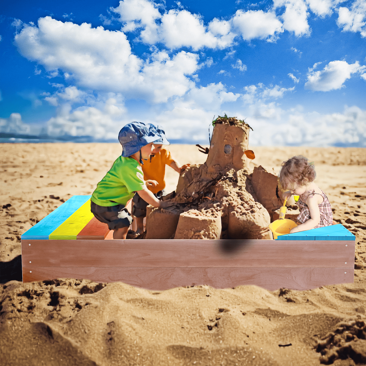 Netrum Outdoor Children's Wooden Sandbox with Lid,Covered Construction ...