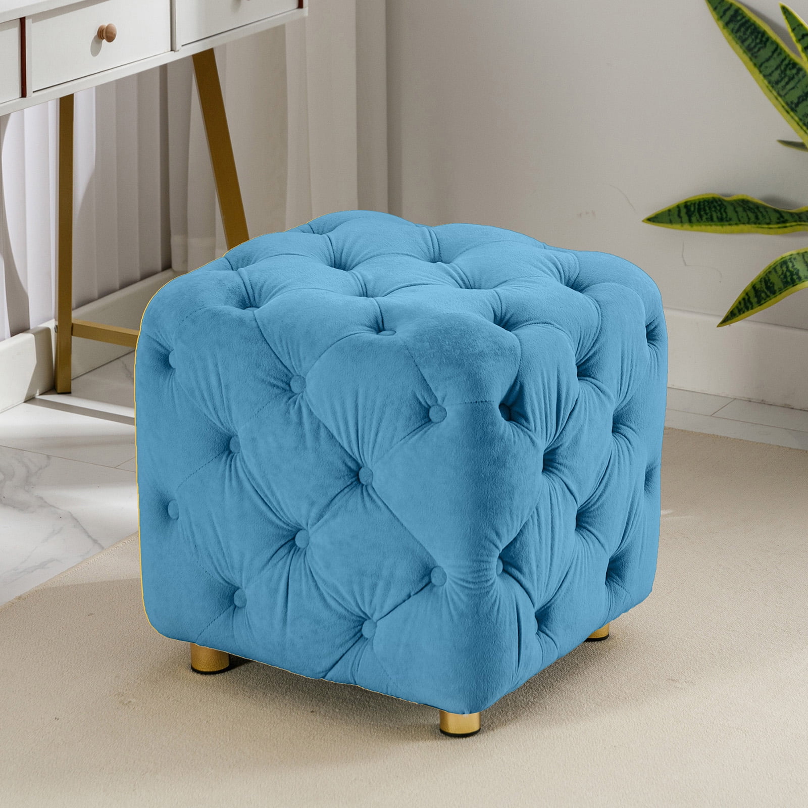 Netrum Square Velvet Fabric Upholstered Button Tufted Ottoman,Blue ...