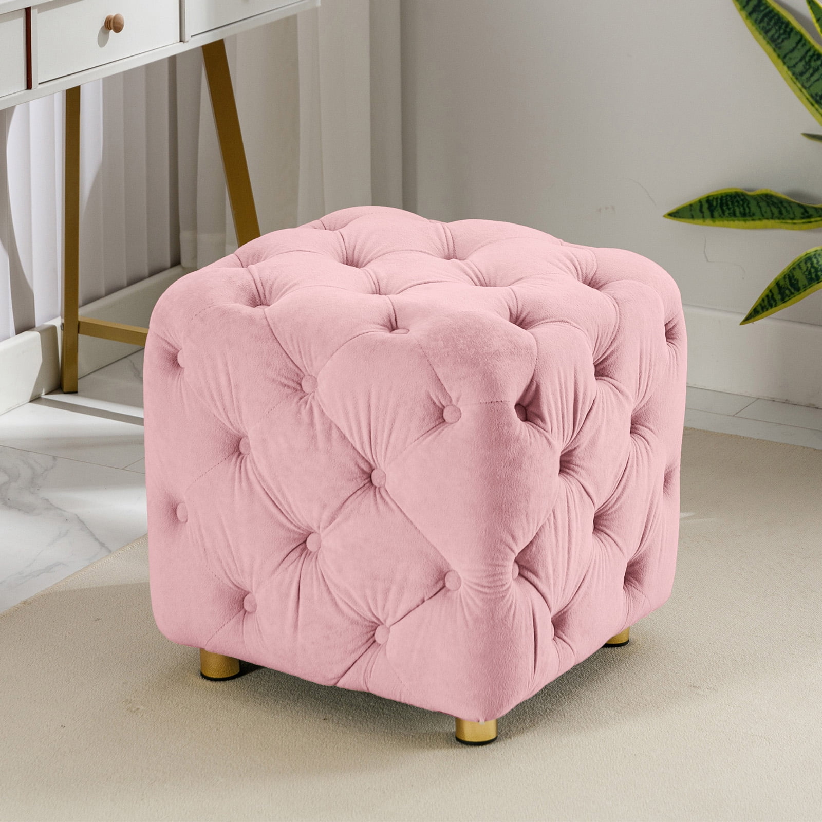 Netrum Square Velvet Fabric Upholstered Button Tufted Ottoman,Pink ...