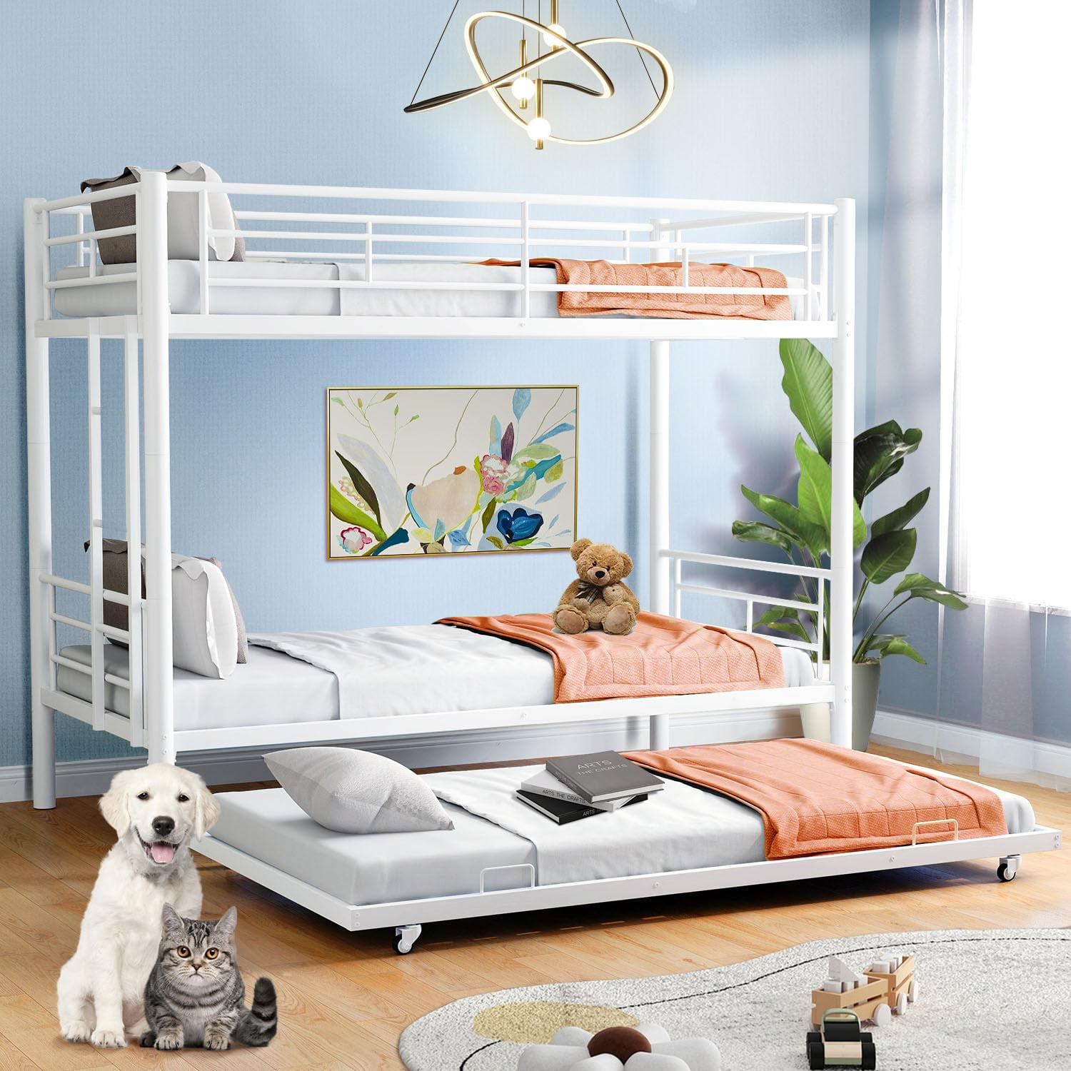 Netrum Twin over Twin Bunk Bed with Trundle, Ladder, Guardrail, Storage ...