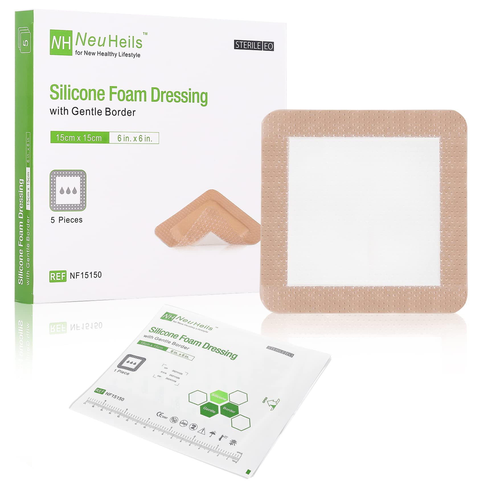 Neuheils Silicone Adhesive Foam Dressing Bandage With Gentle Border 6 X 6 Inch For Bed Sore Leg